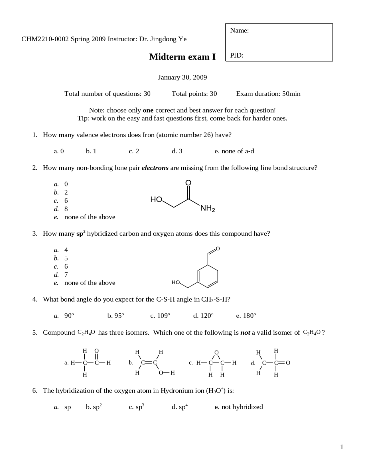 Solutions To Midterm Exam 1 For Organic Chemistry I Chm 2210 Docsity