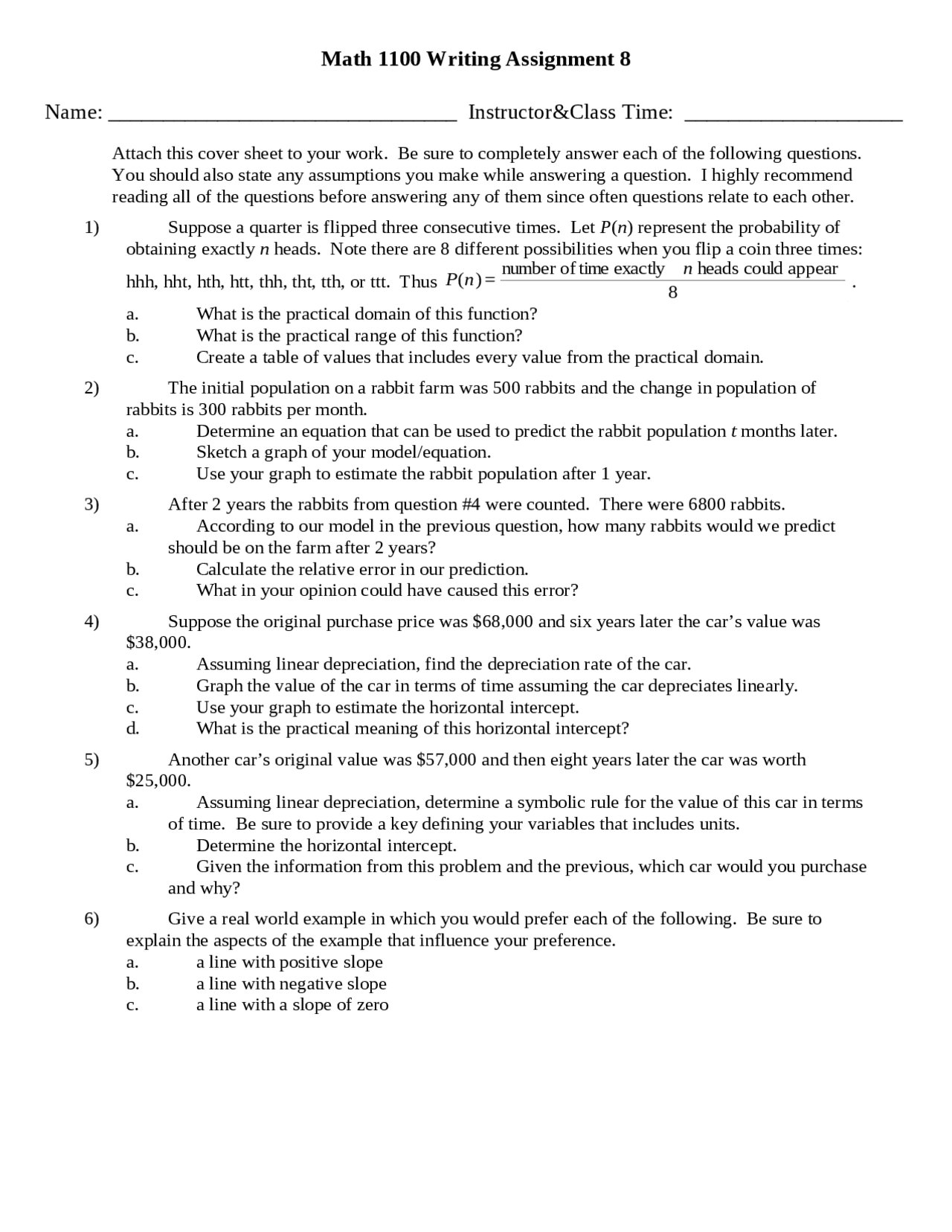 8 Questions For Assignment 8 Algebra I Math 1100 Docsity