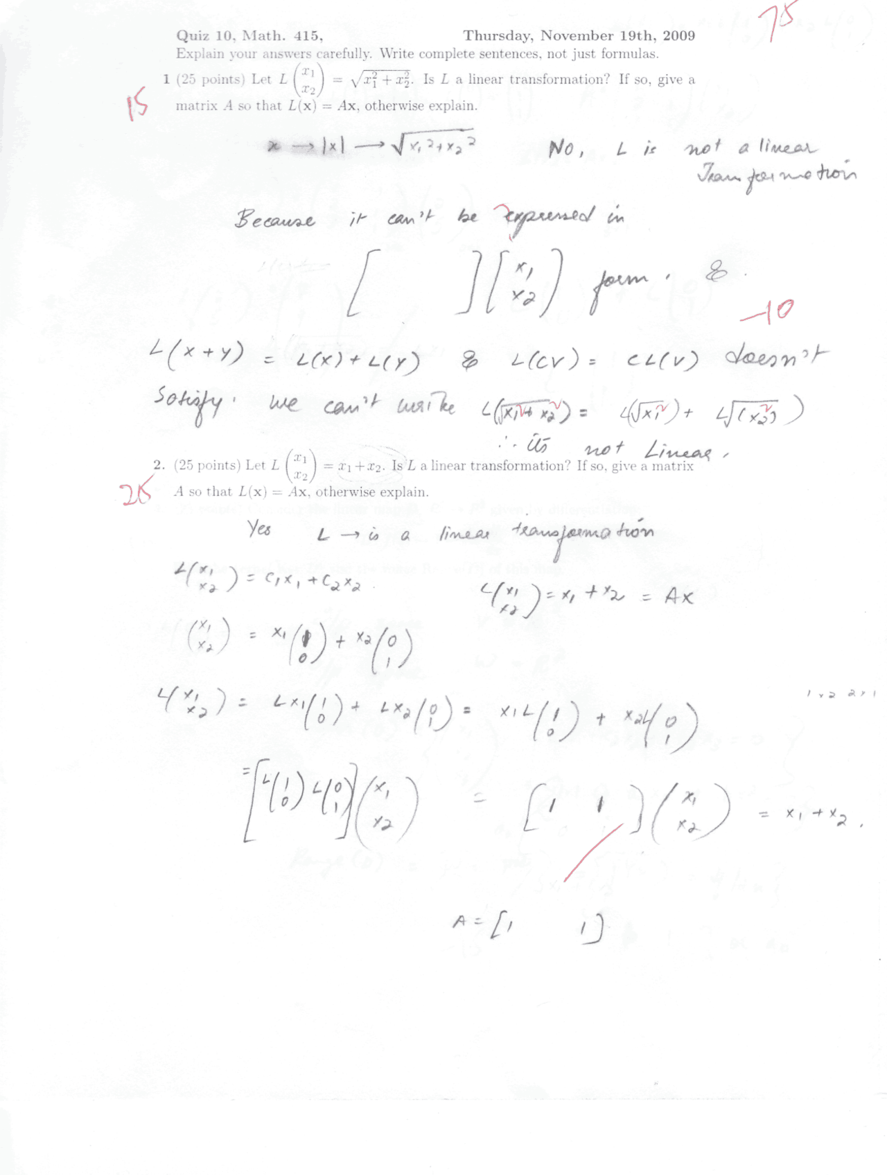 4 Questions in Quiz 10 | Applied Linear Algebra | MATH 415 - Docsity