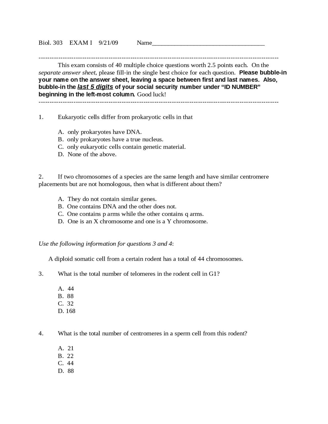 Test 1 Sample Questions - Fundamentals of Genetics | BIOL 303 | Exams ...