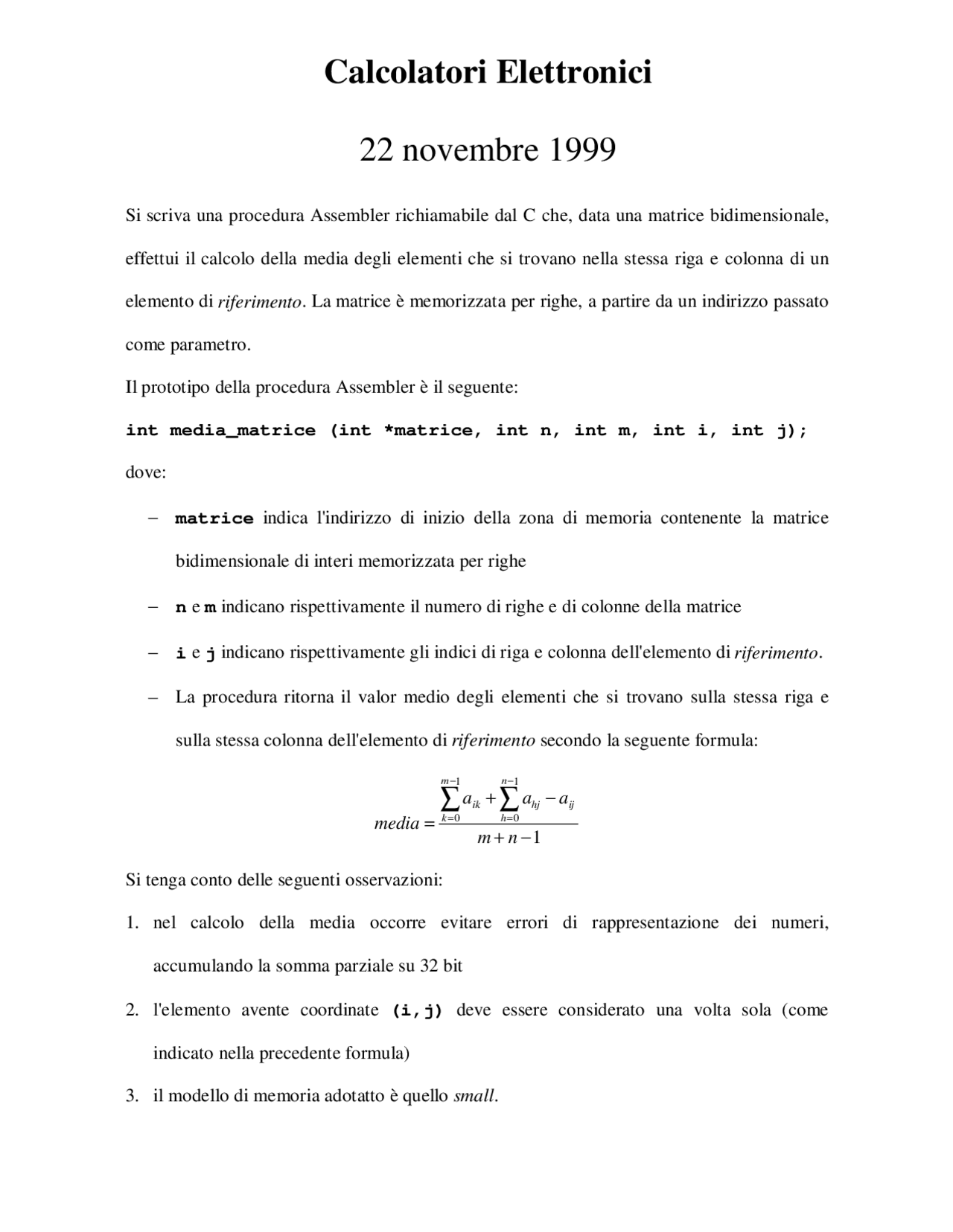 Calcolatori Elettronici Tema Desame 22 11 1999 Con Soluzione Docsity