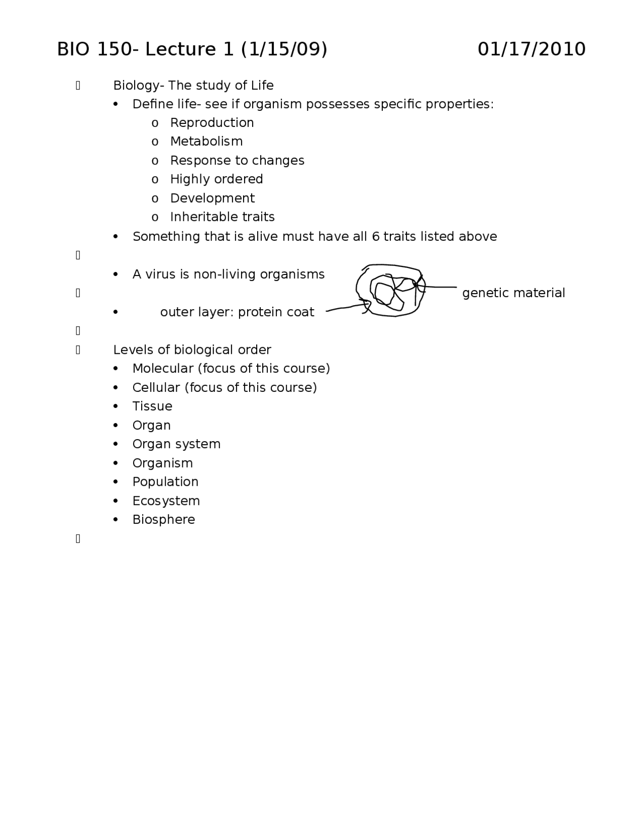 Levels of Biological Orders in Biology | BIO 150 - Docsity