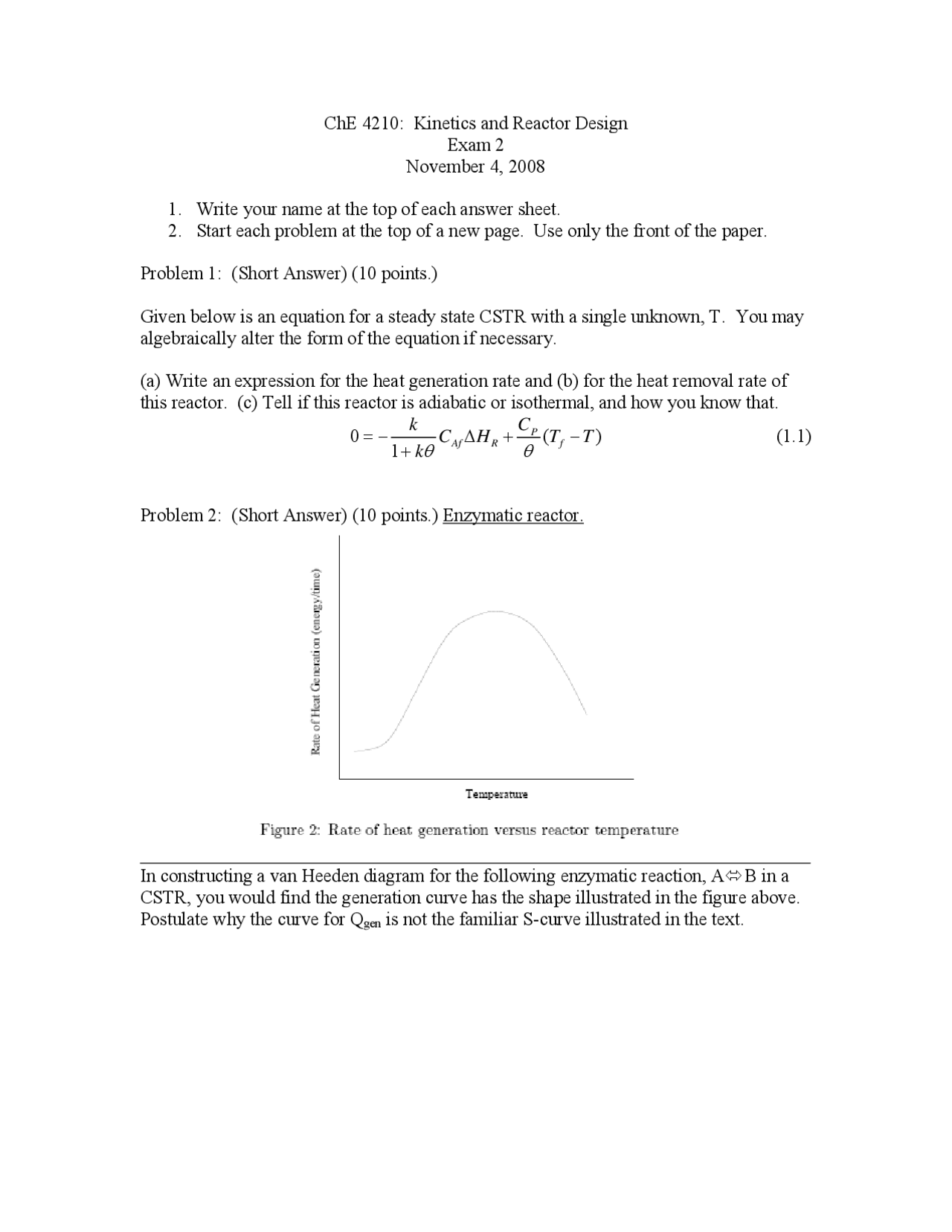 Exam 2 Problems Kinetics And Reactor Design Che 4210 Docsity