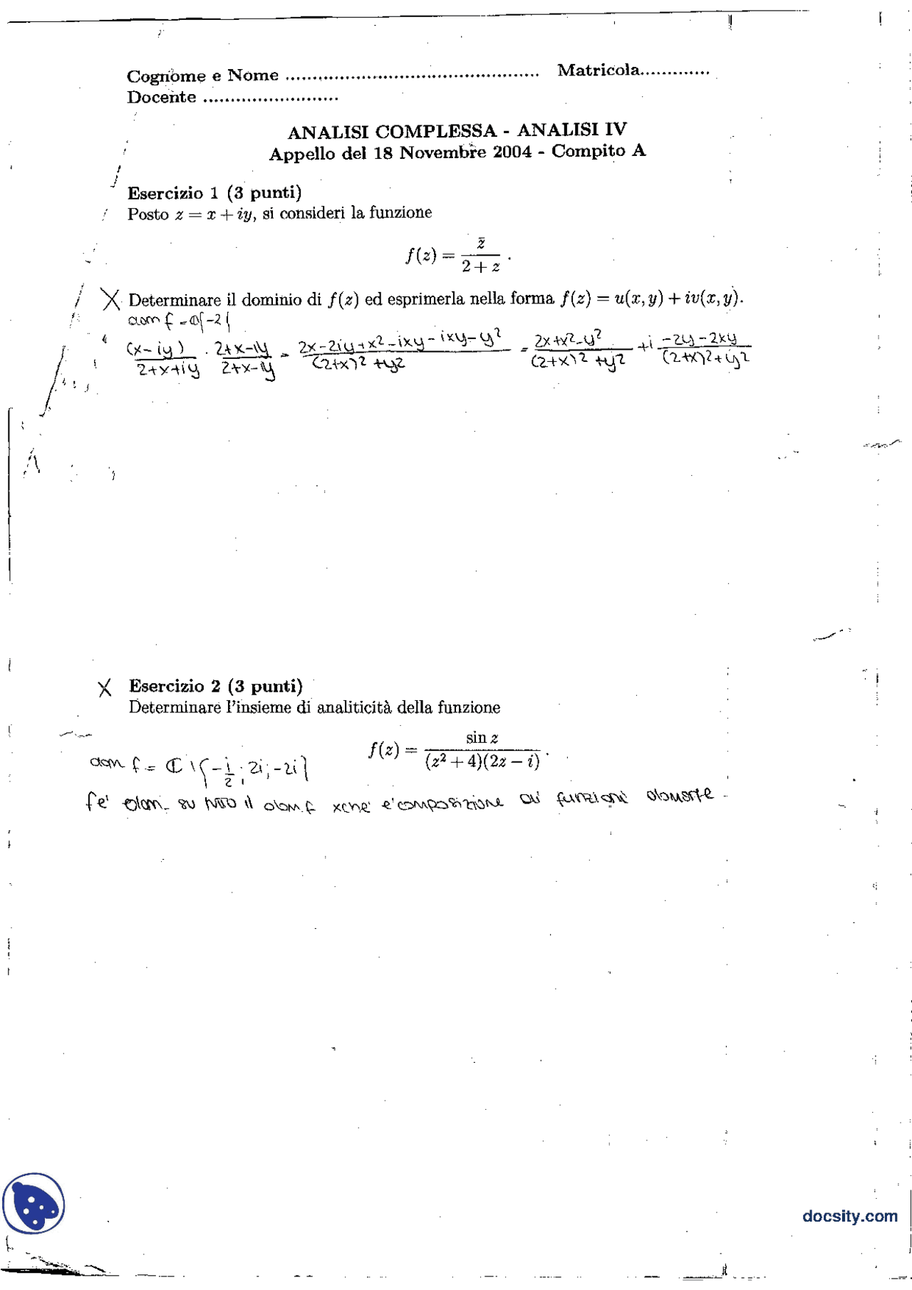 Analisi Complessa Tema Desame 18 11 2004 A Con Soluzione Docsity