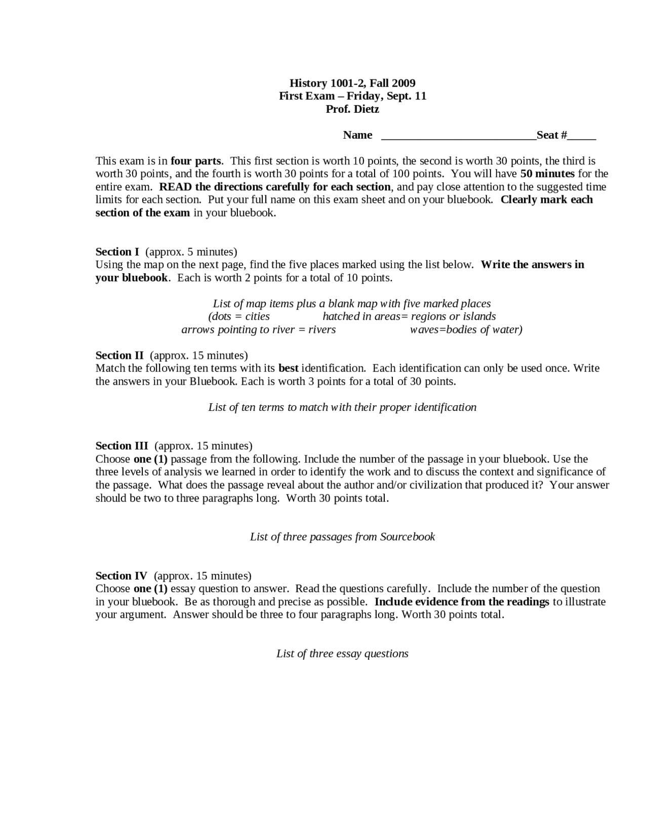 West Civilization to 1500 - Exam 1 - Fall 2009 | HIST 1001 | Study ...