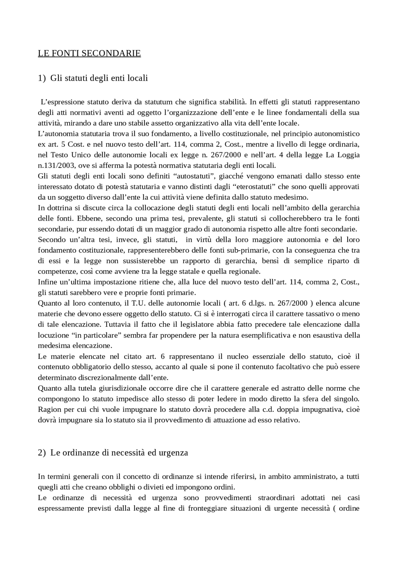 Diritto amministrativo - Le fonti secondarie - Docsity
