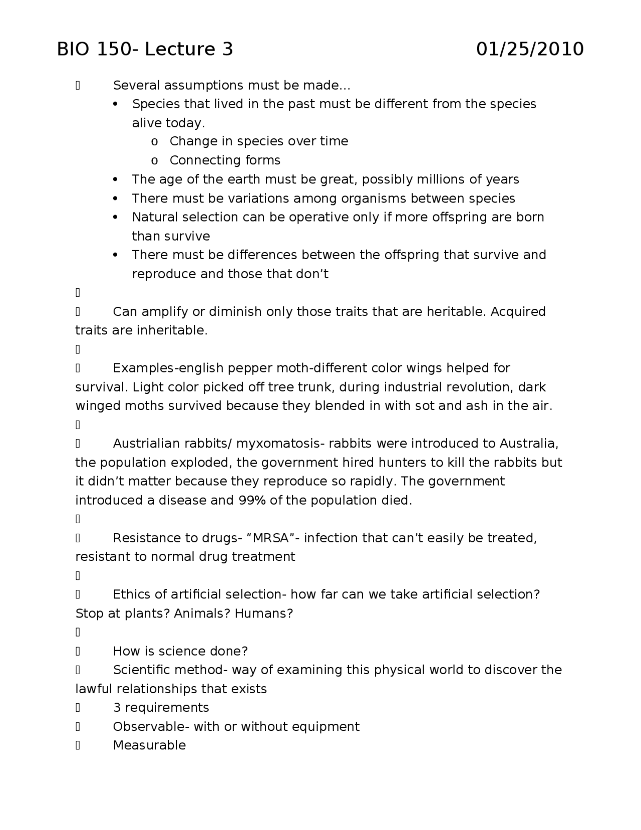 Notes On Several Assumptions Of Species Bio 150 Docsity