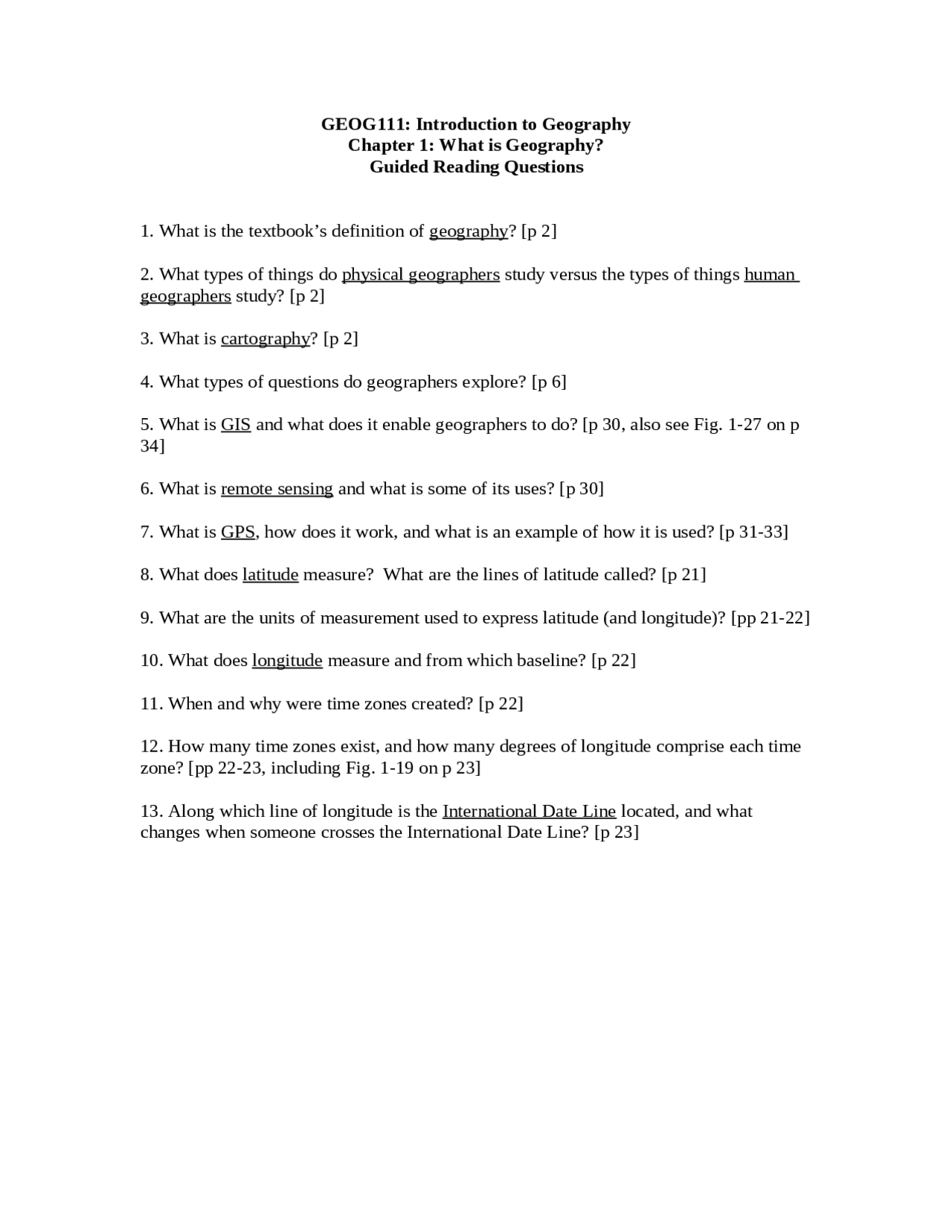 Introduction to Geography - Guided Reading Questions | GEOG 111 - Docsity