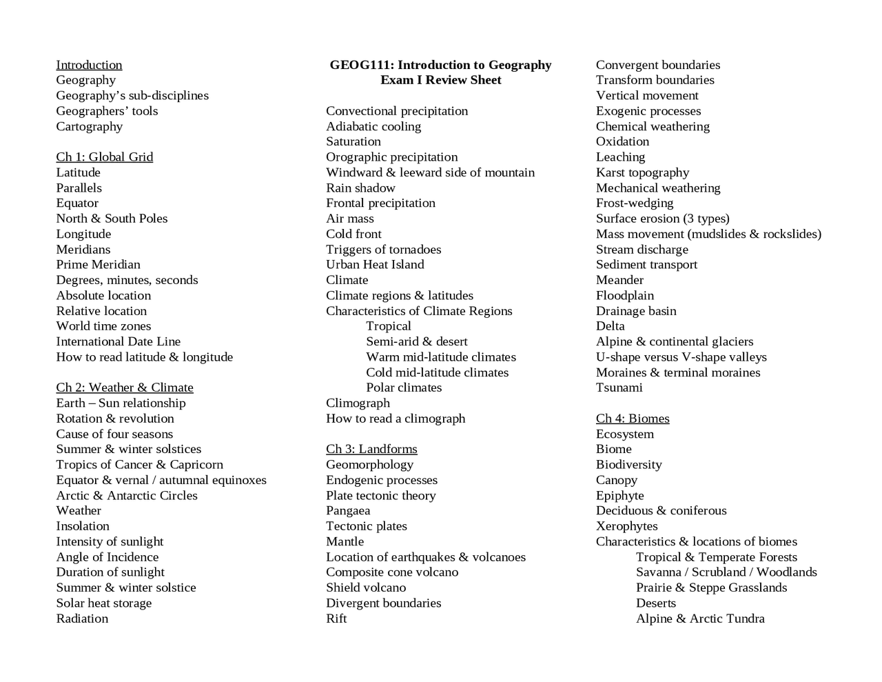 Exam 1 Review Sheet Introduction To Geography Geog 111 Docsity