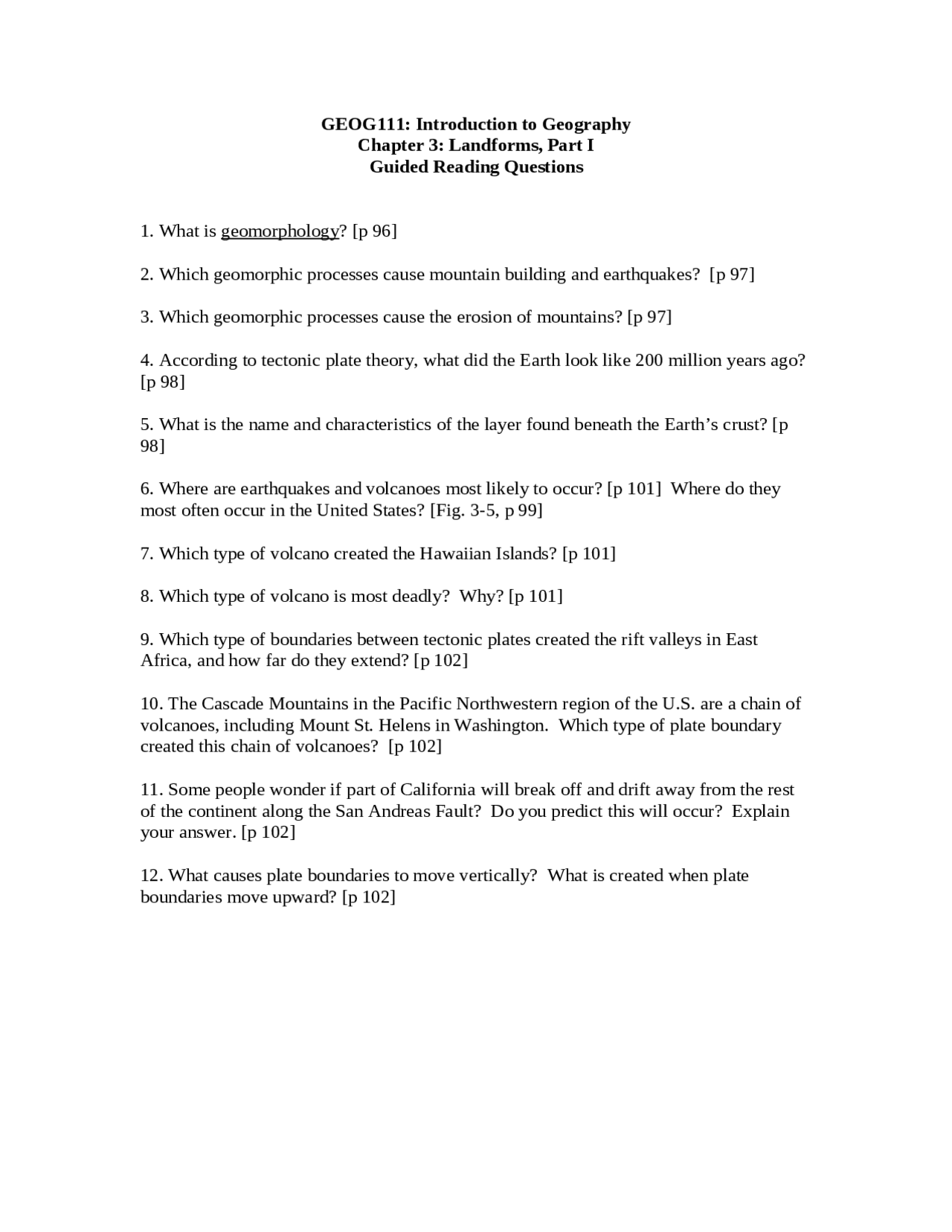 Landforms I - Guided Reading Questions | GEOG 111 | Assignments ...