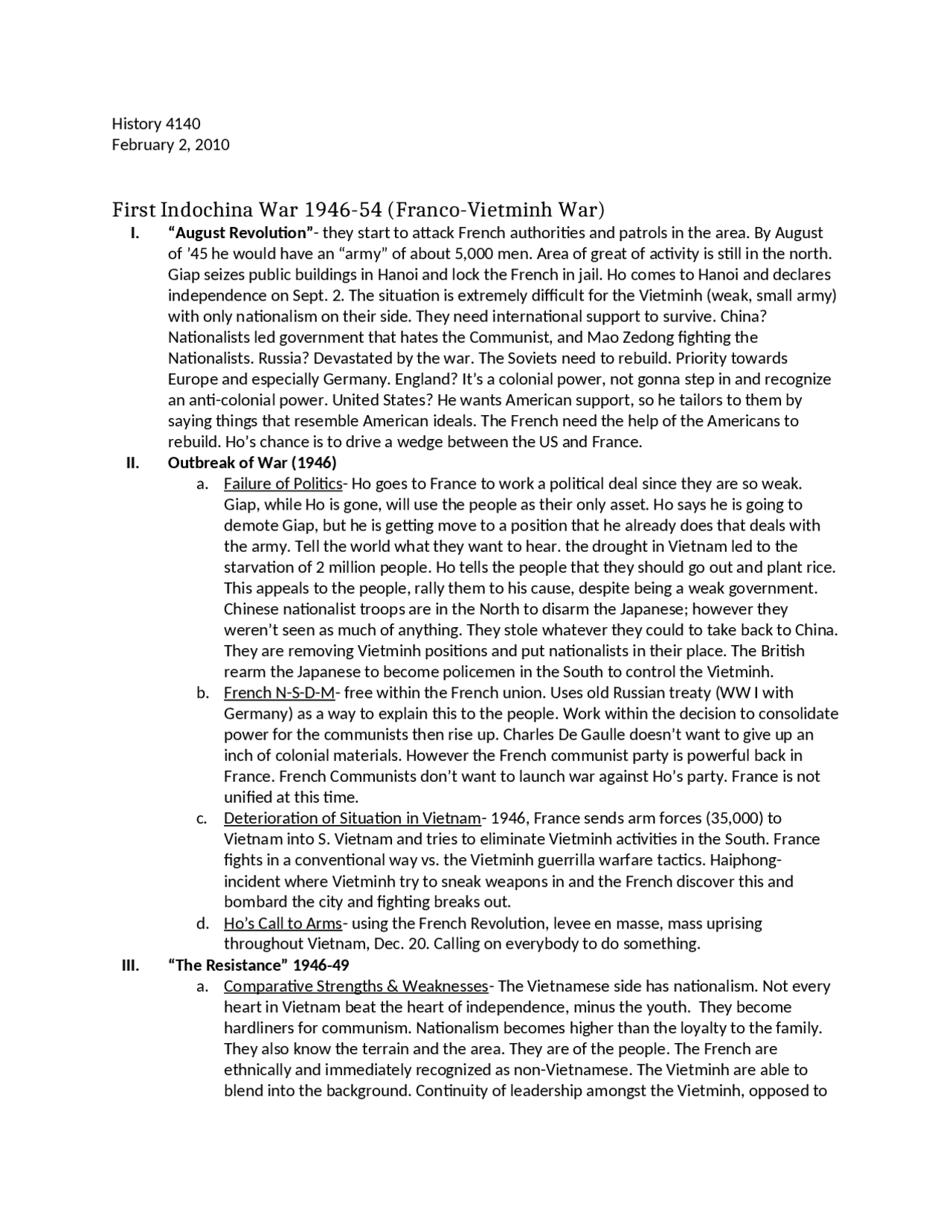 First Indochina War Lecture Notes Hist 4140 Docsity