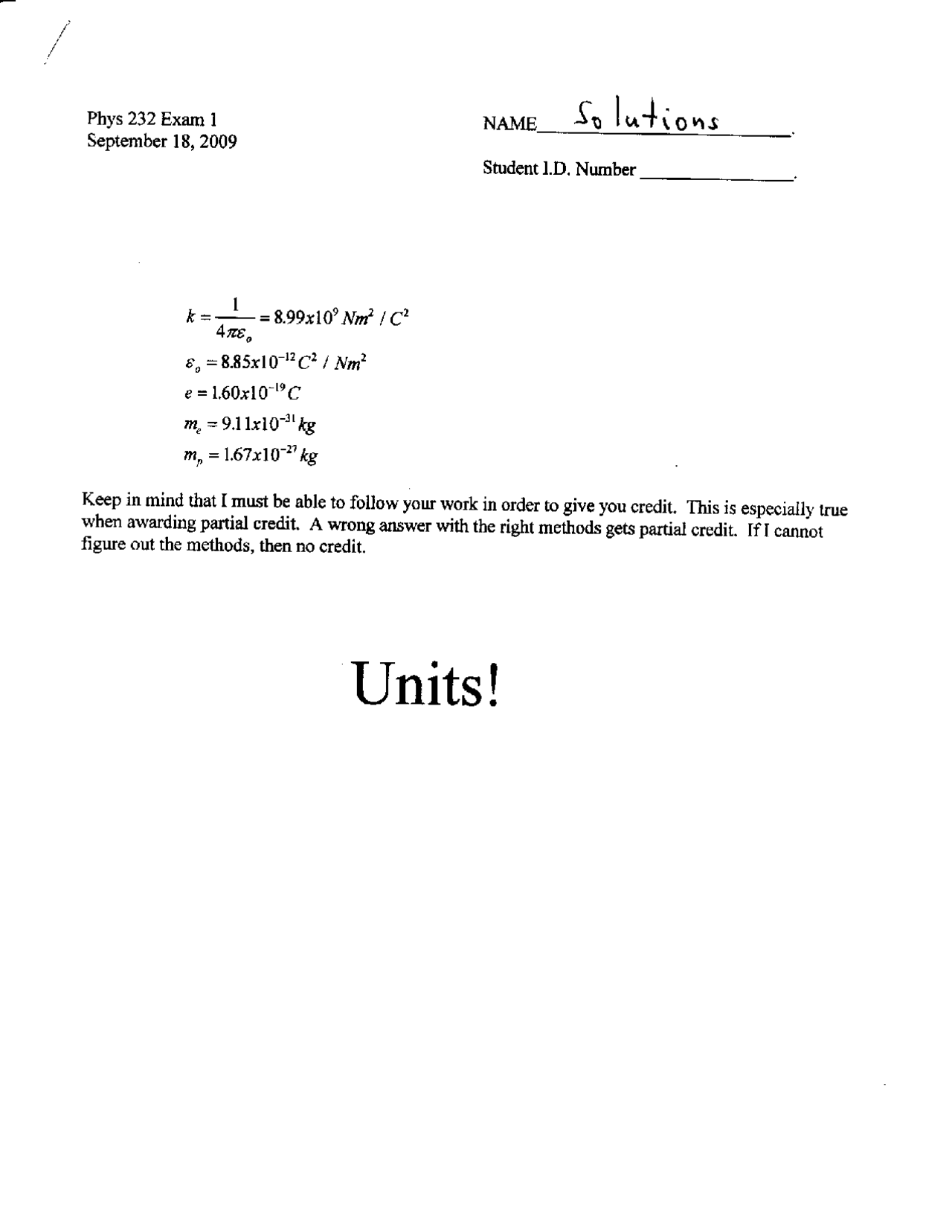 Exam 1 With Solution For Physics 2 With Calculus Phys 232 Docsity