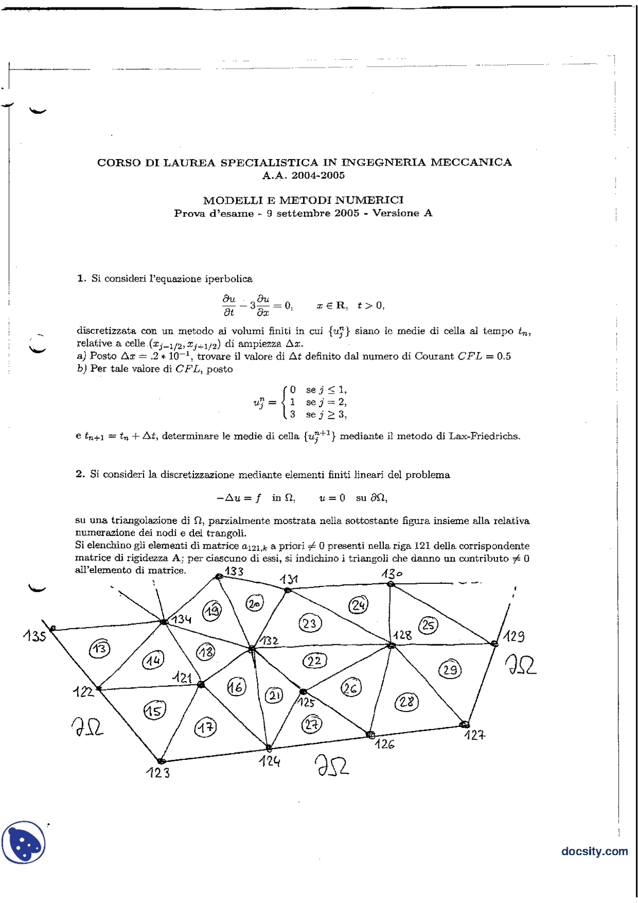 Modelli E Metodi Numerici Esame Risolto 9 9 2005 Docsity