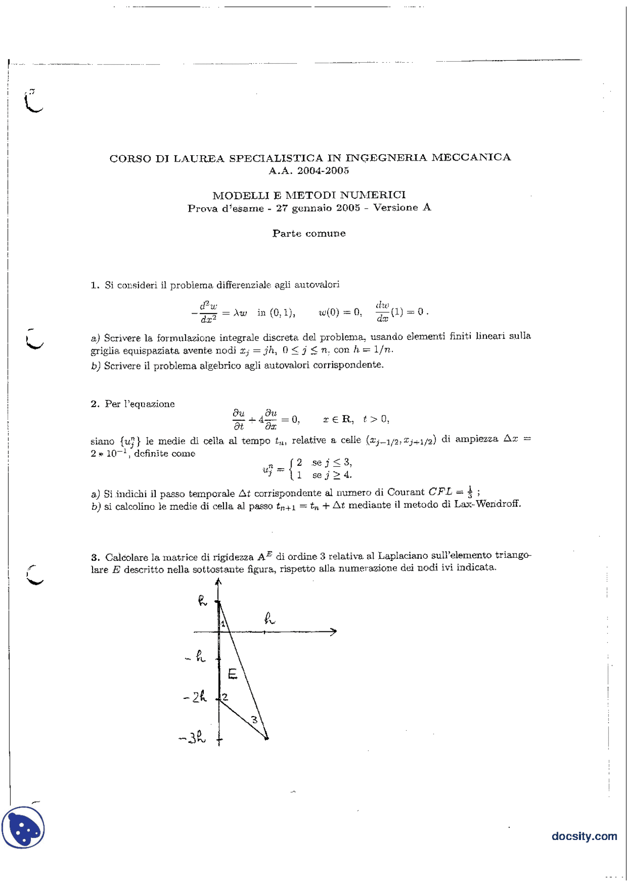 Modelli E Metodi Numerici Esame Risolto 27 1 2005 Docsity