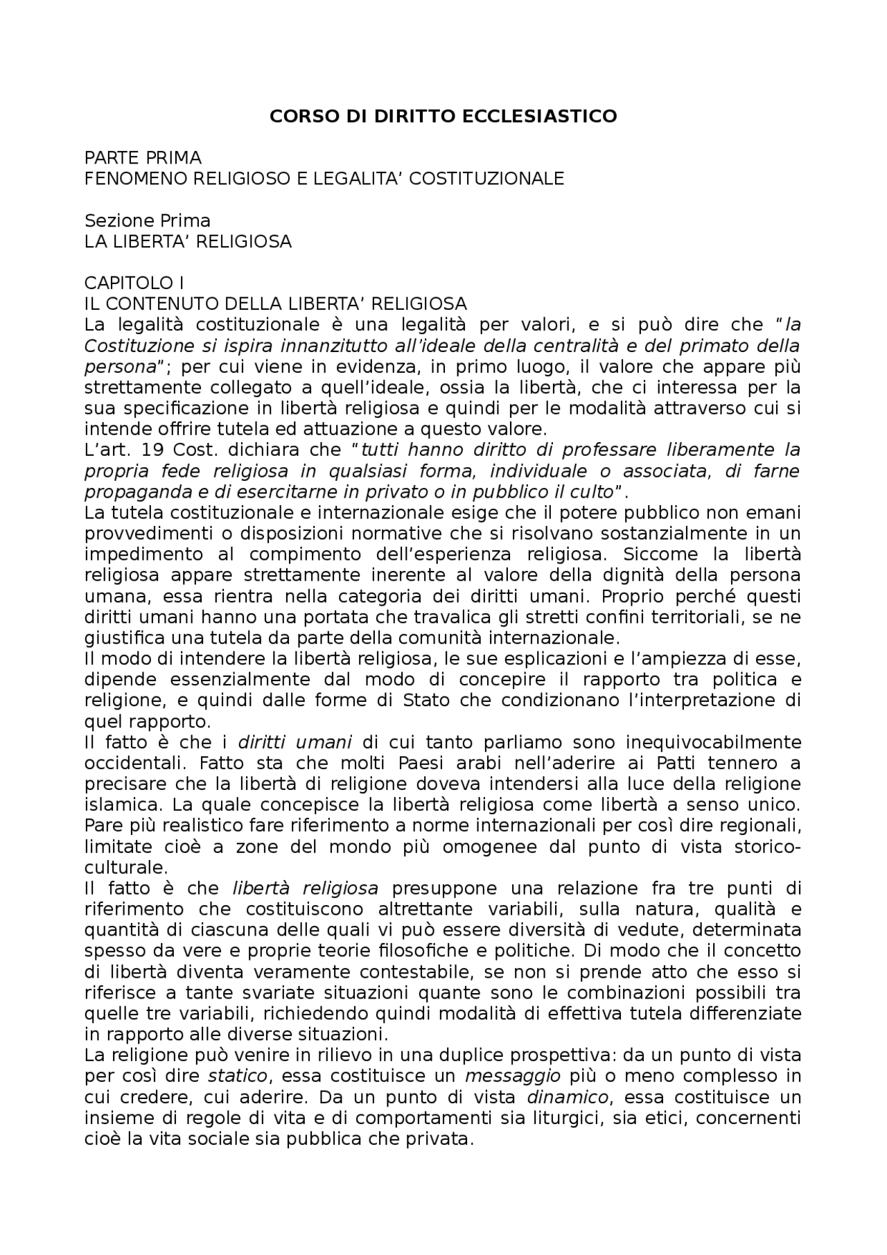 Riassunto Diritto Ecclesiastico Docsity