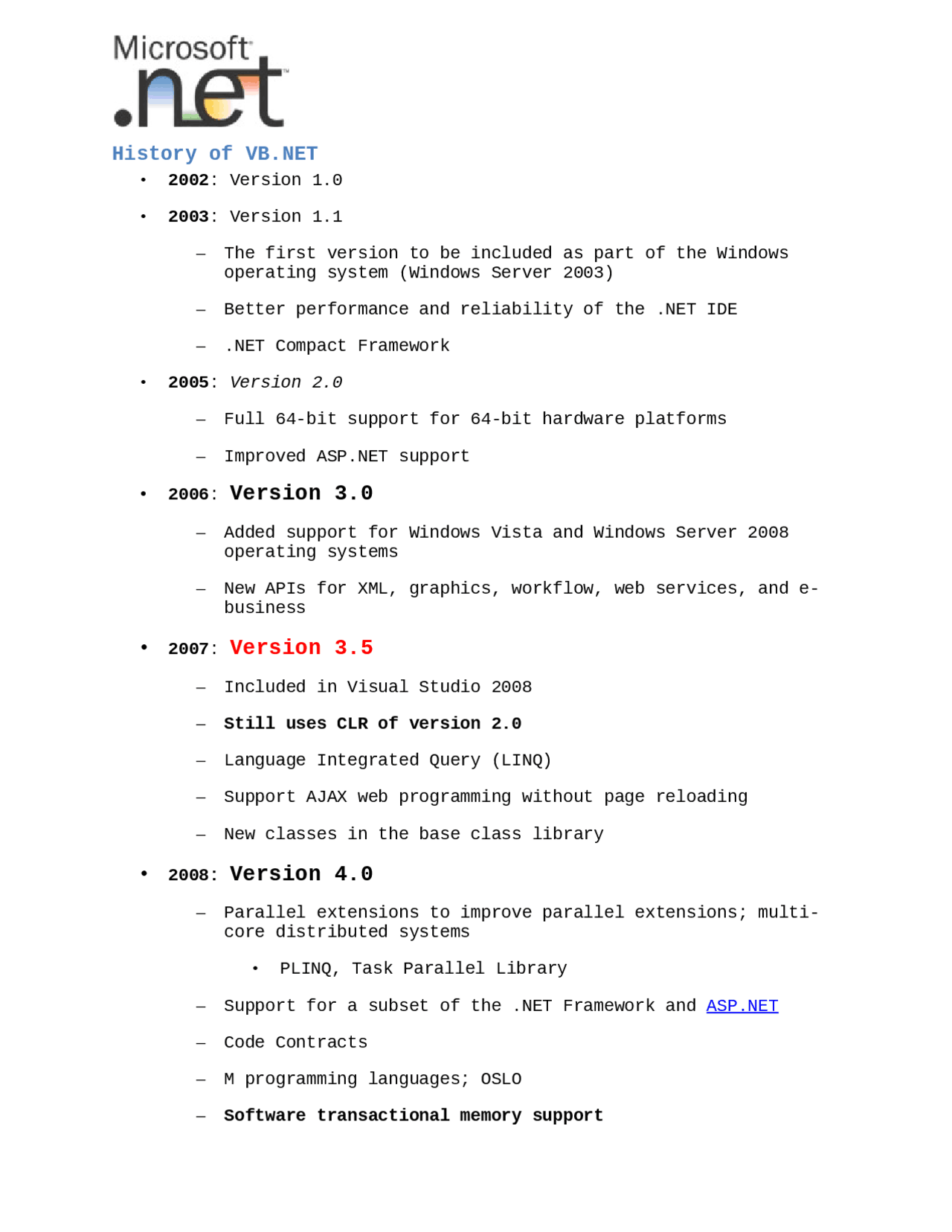 History Of Vbnet Lecture Notes Advances Business Computer And Applications Bit 3444 Docsity