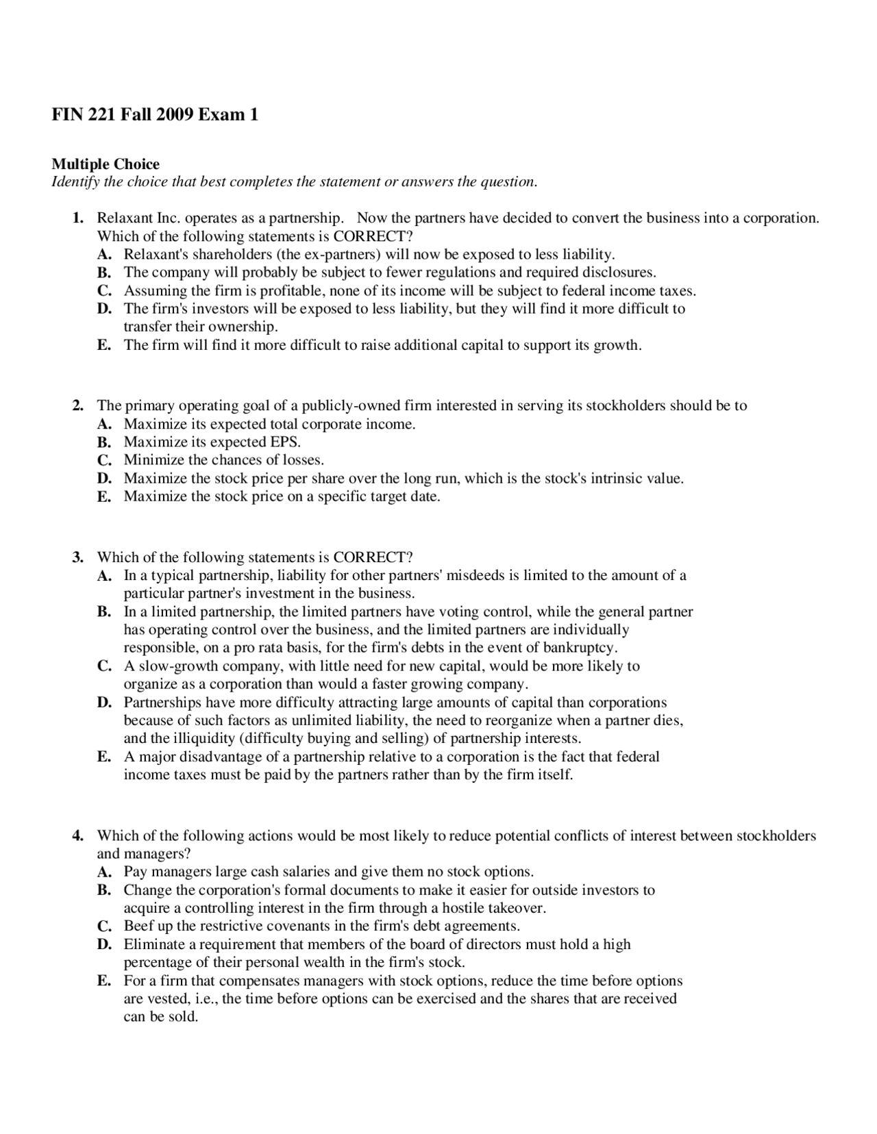 Exam 1 Solution Key Corporate Finance Fall 2009 Fin 221 Docsity