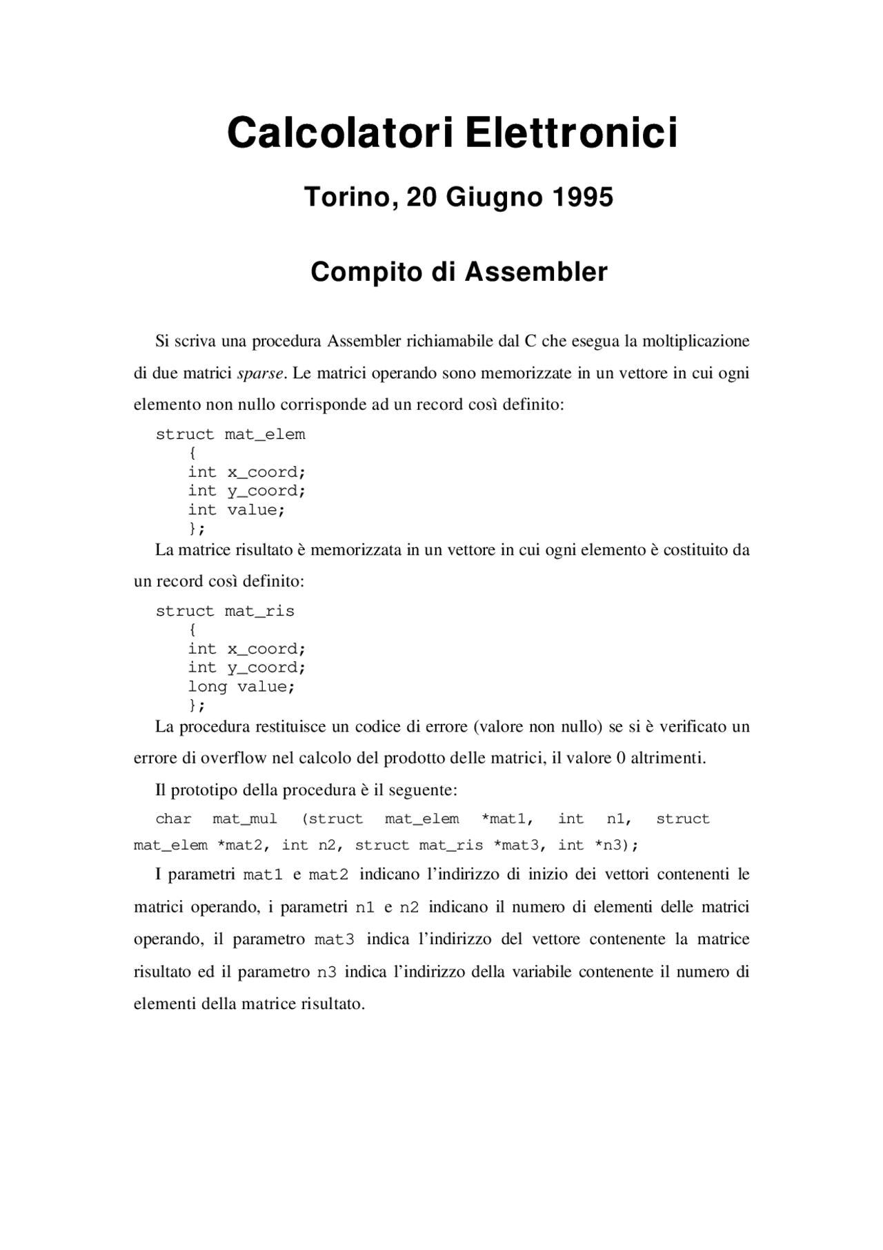 Calcolatori Elettronici Tema Desame 20 06 1995 Docsity