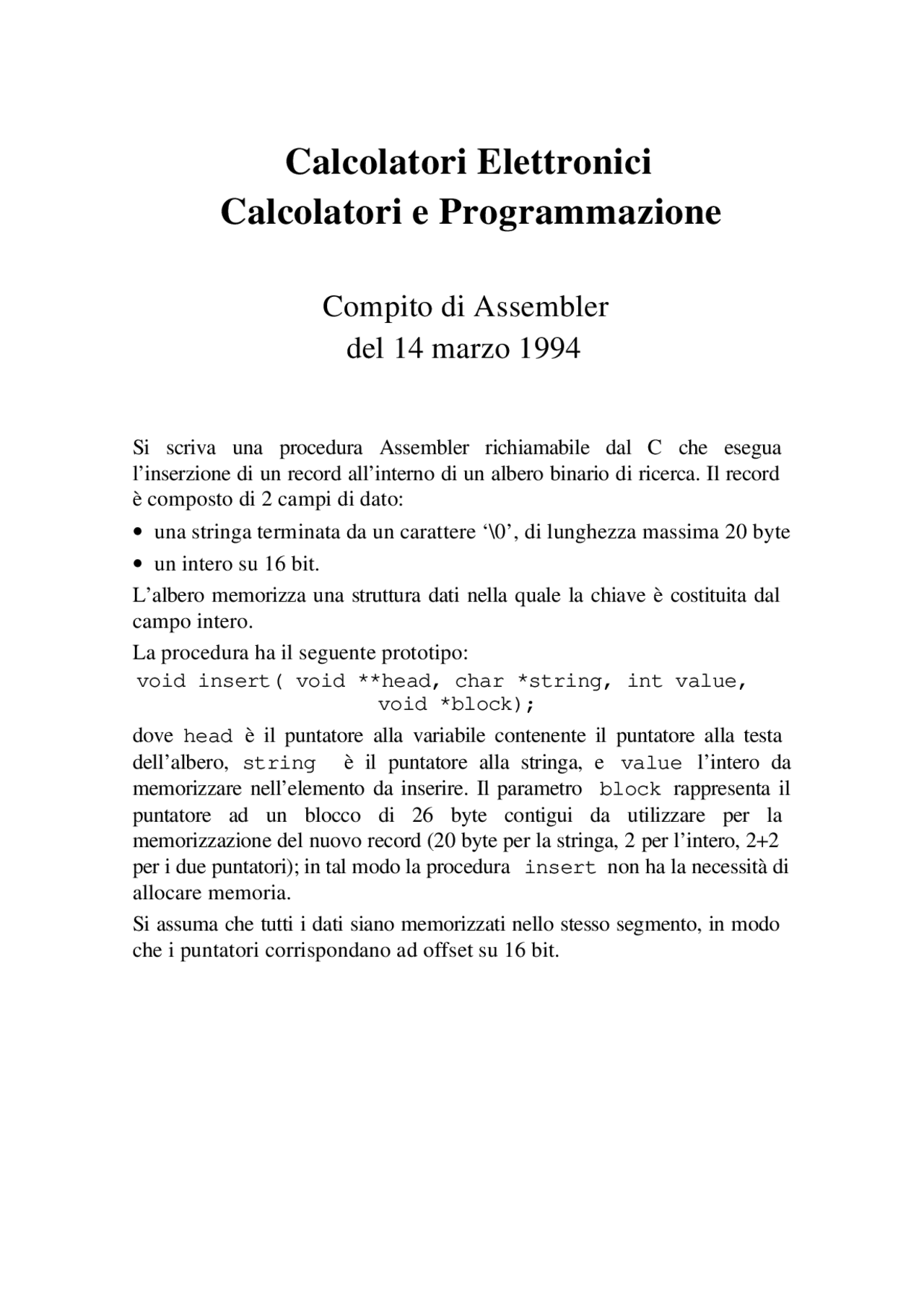 Calcolatori Elettronici Tema Desame 14 03 1994 Docsity