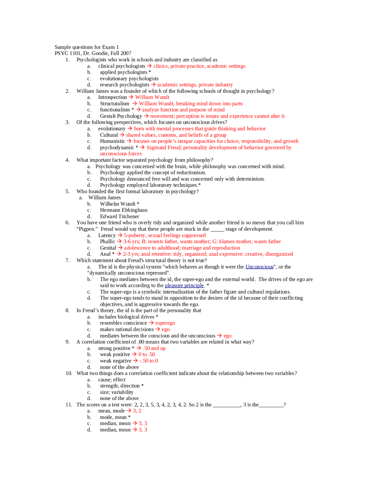 Sample Questions For Exam 1 Elementary Psychology Psyc 1101 Docsity