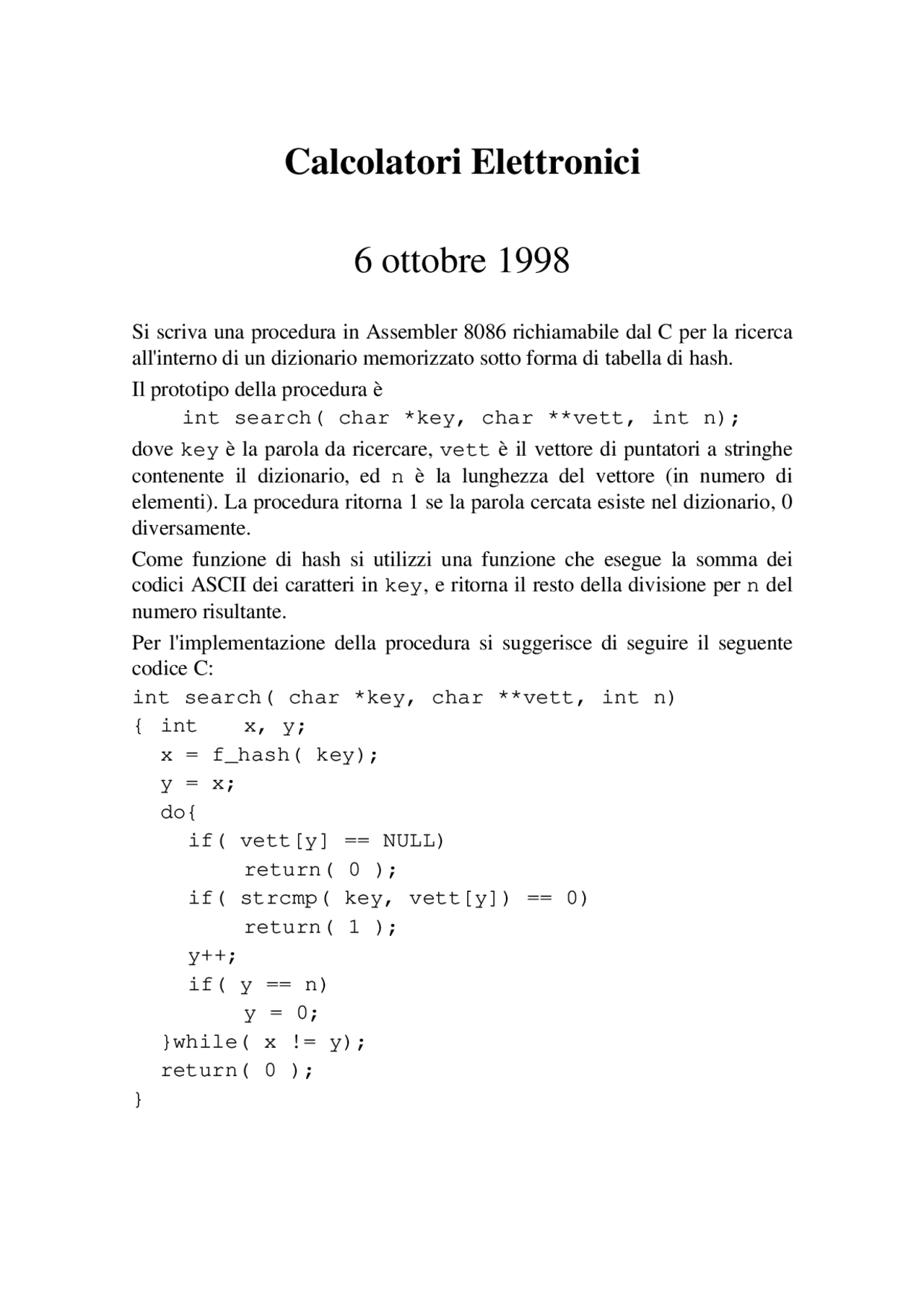 Calcolatori Elettronici Tema Desame 06 10 1998 Docsity