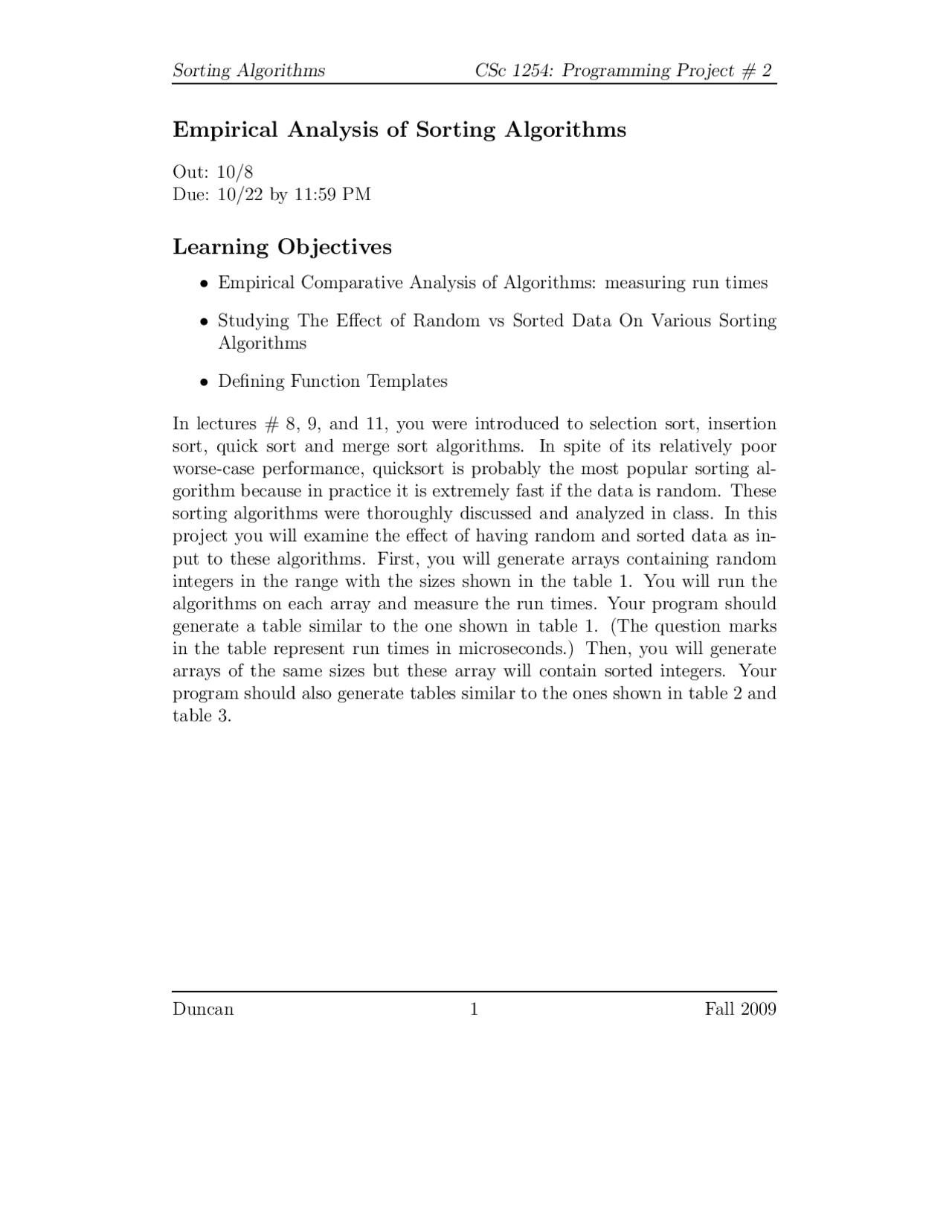 Empirical Analysis of Sorting Algorithms: Measuring Run Times with CSc 1254 Project - Prof ...
