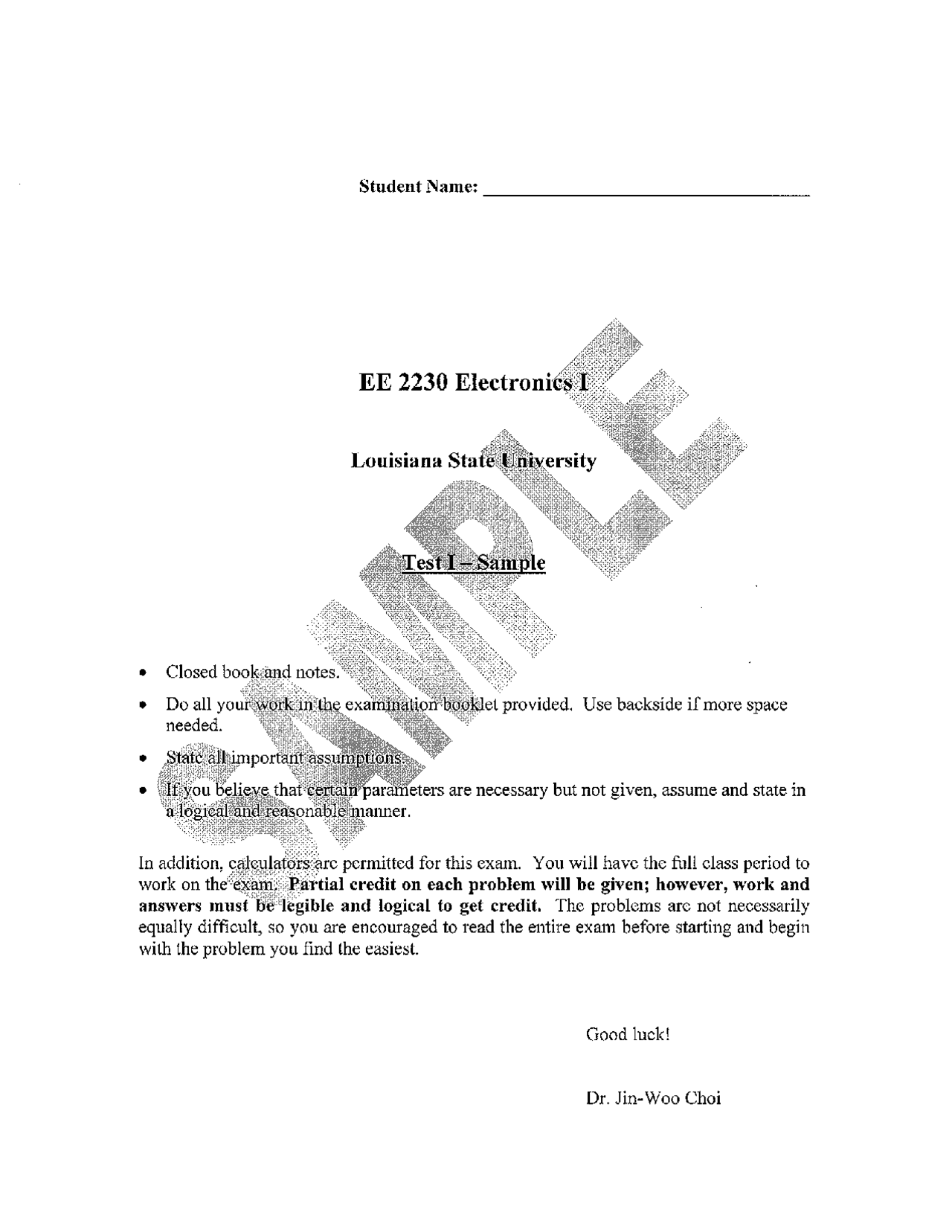Sample Test 1 for Electronics I | EE 2230 | Exams Basic Electronics ...