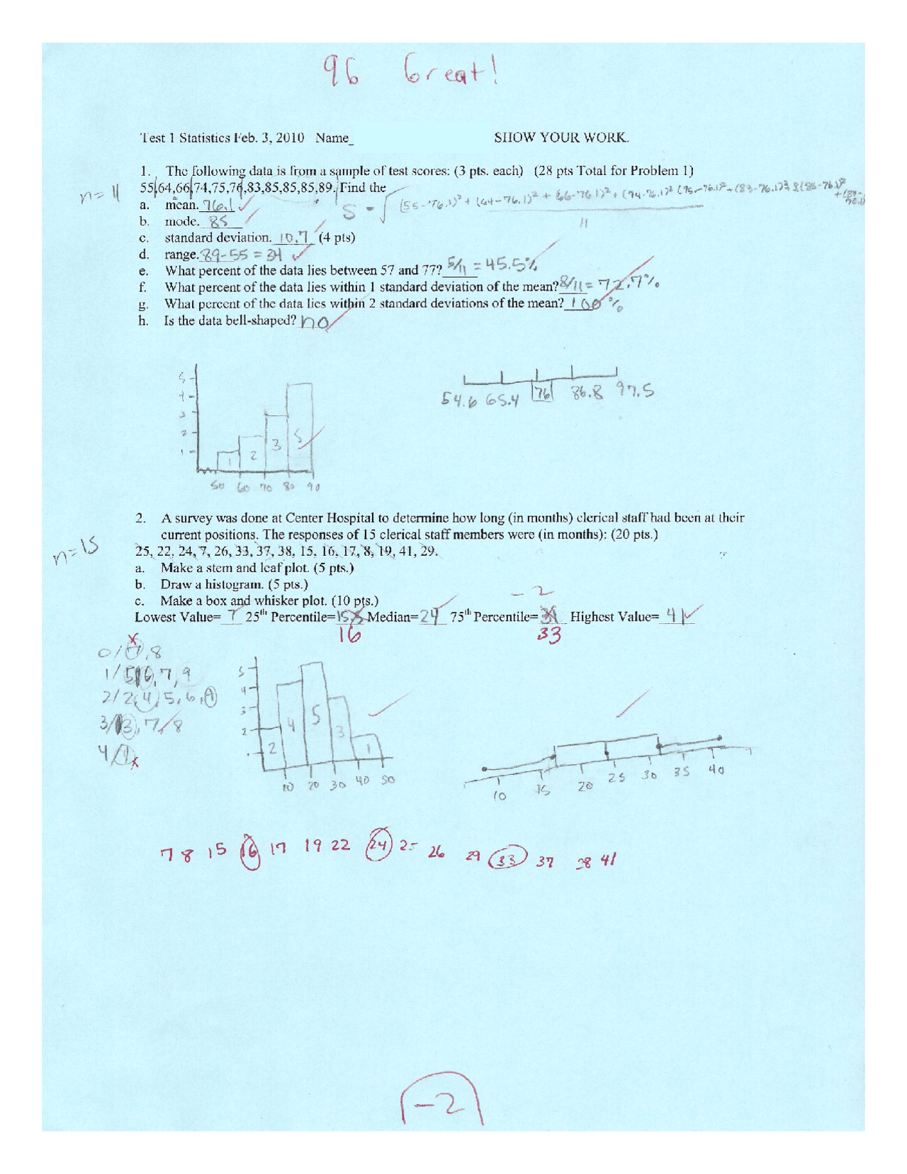 Test 1 with Answers - Basic Statistics I | MATH 1020 - Docsity