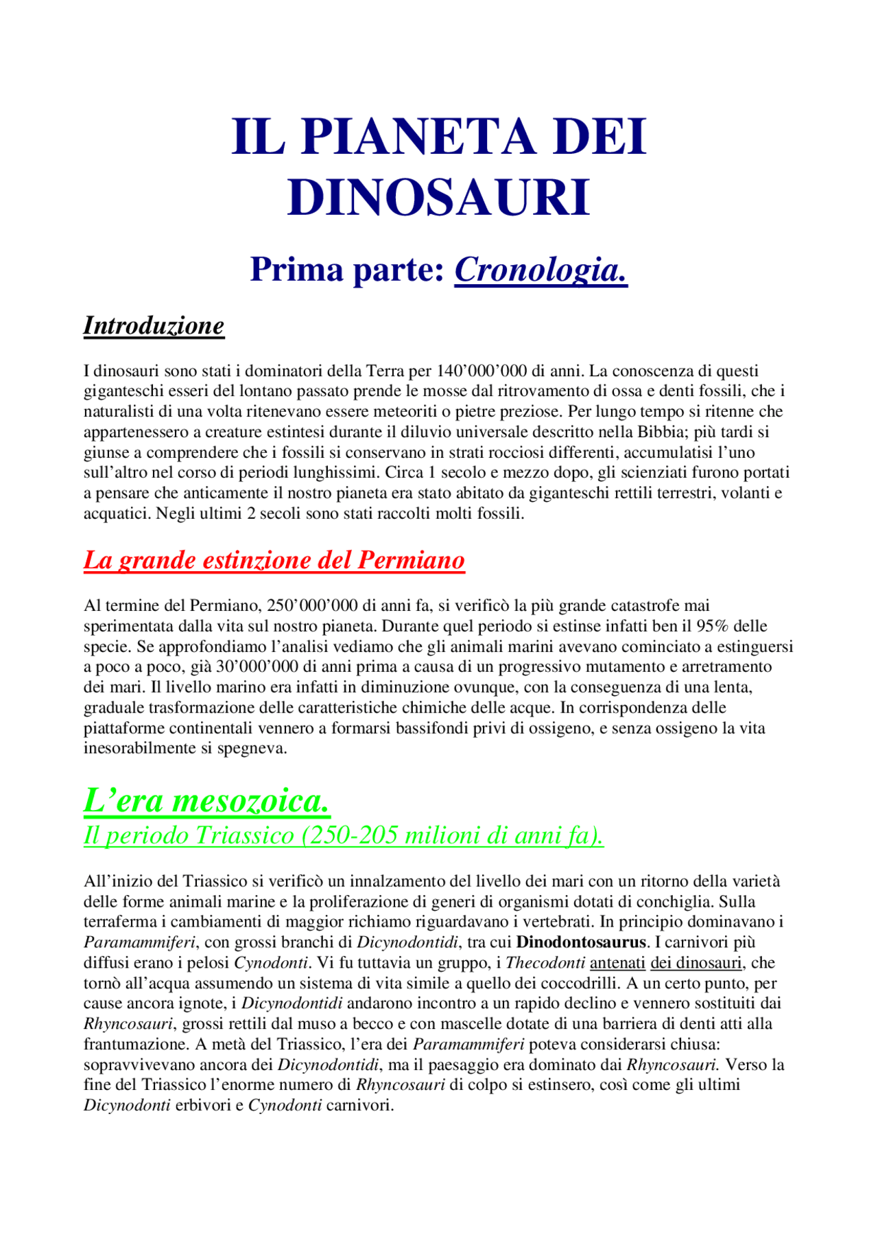 Il Pianeta Dei Dinosauri Riassunto Cronologia Docsity