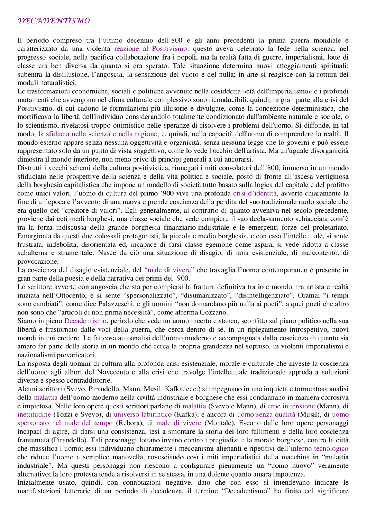 Decadentismo Riassunto Docsity
