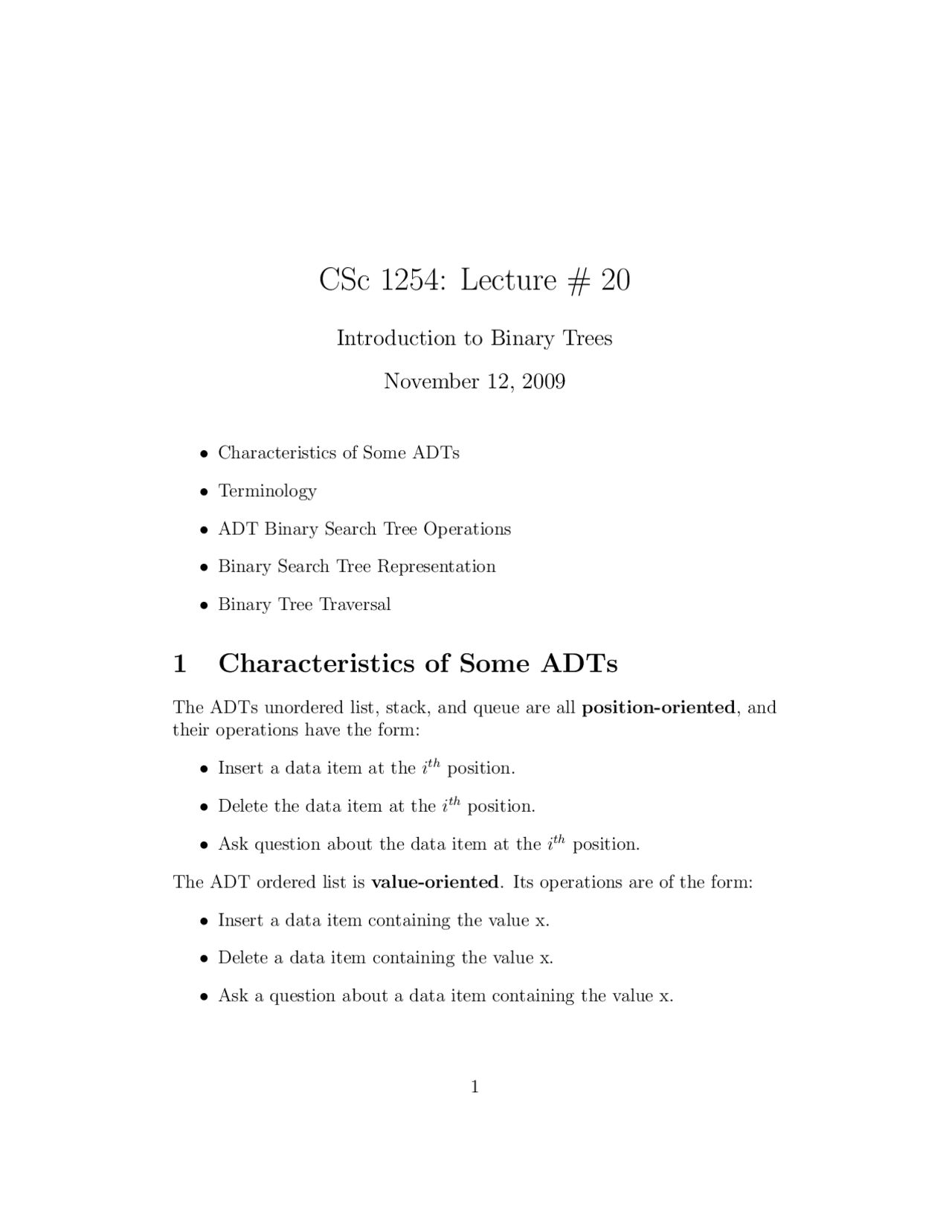 Characteristics Of Adts In Introduction To Binary Trees Csc 1254 Docsity