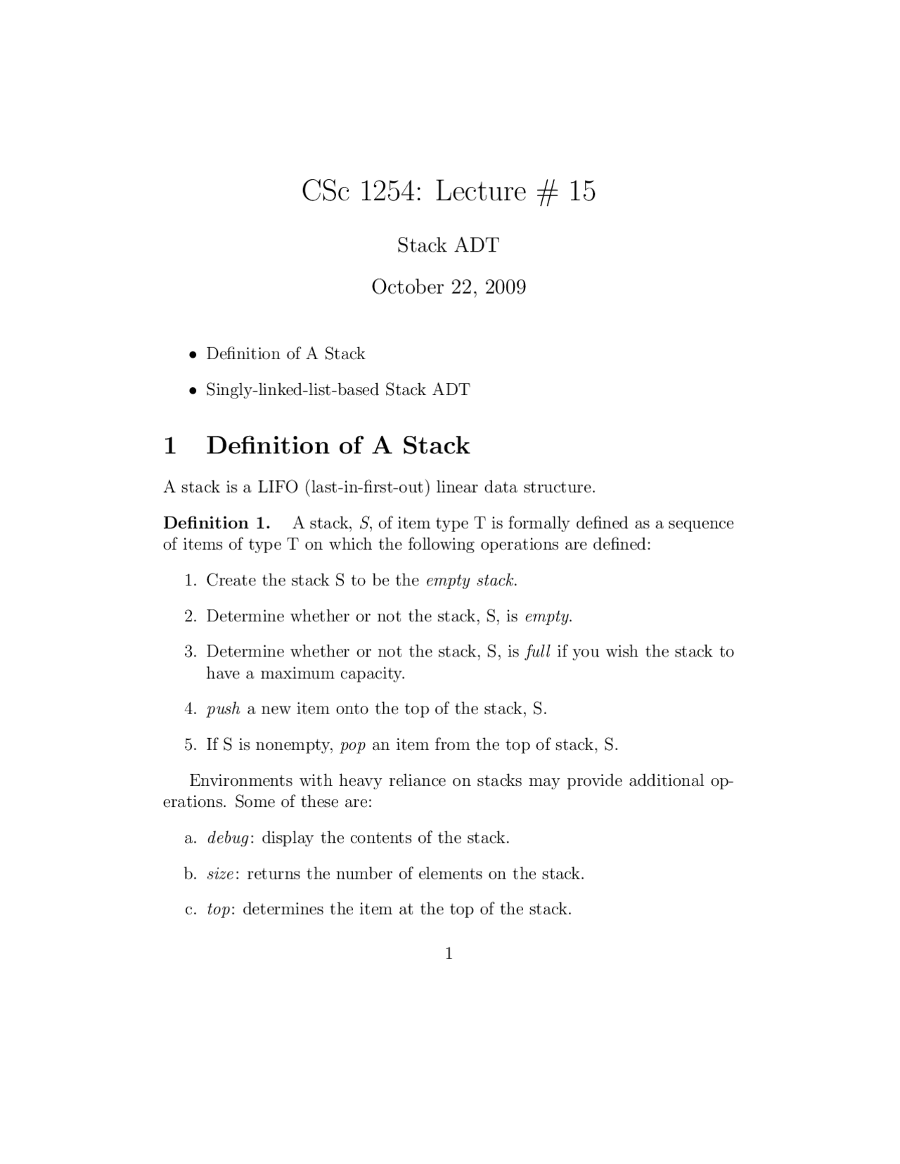 A Stack And The Singly Linked Lists Based Stack Adt Csc 1254 Docsity