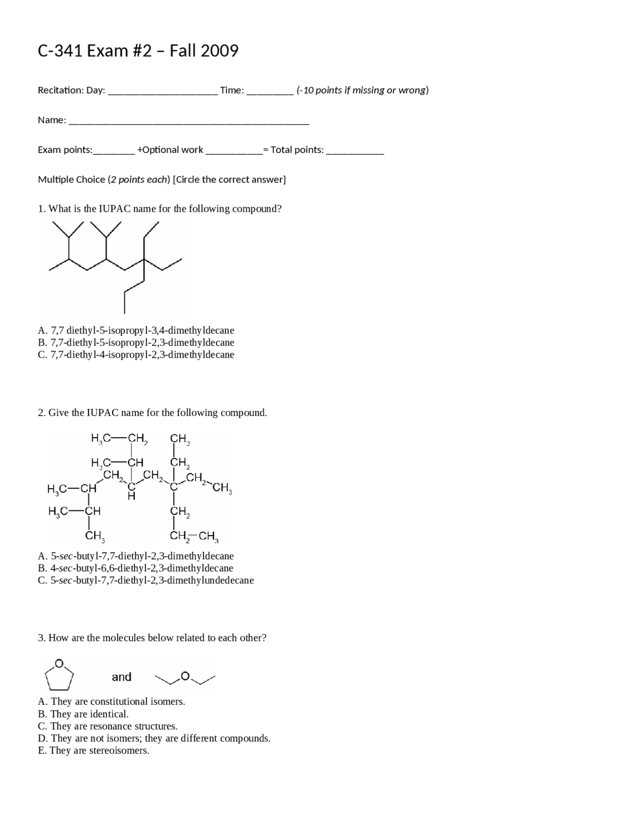 Organic Chemistry - Exam 2 Questions - Fall 2009 | CHEM 341 | Exams ...