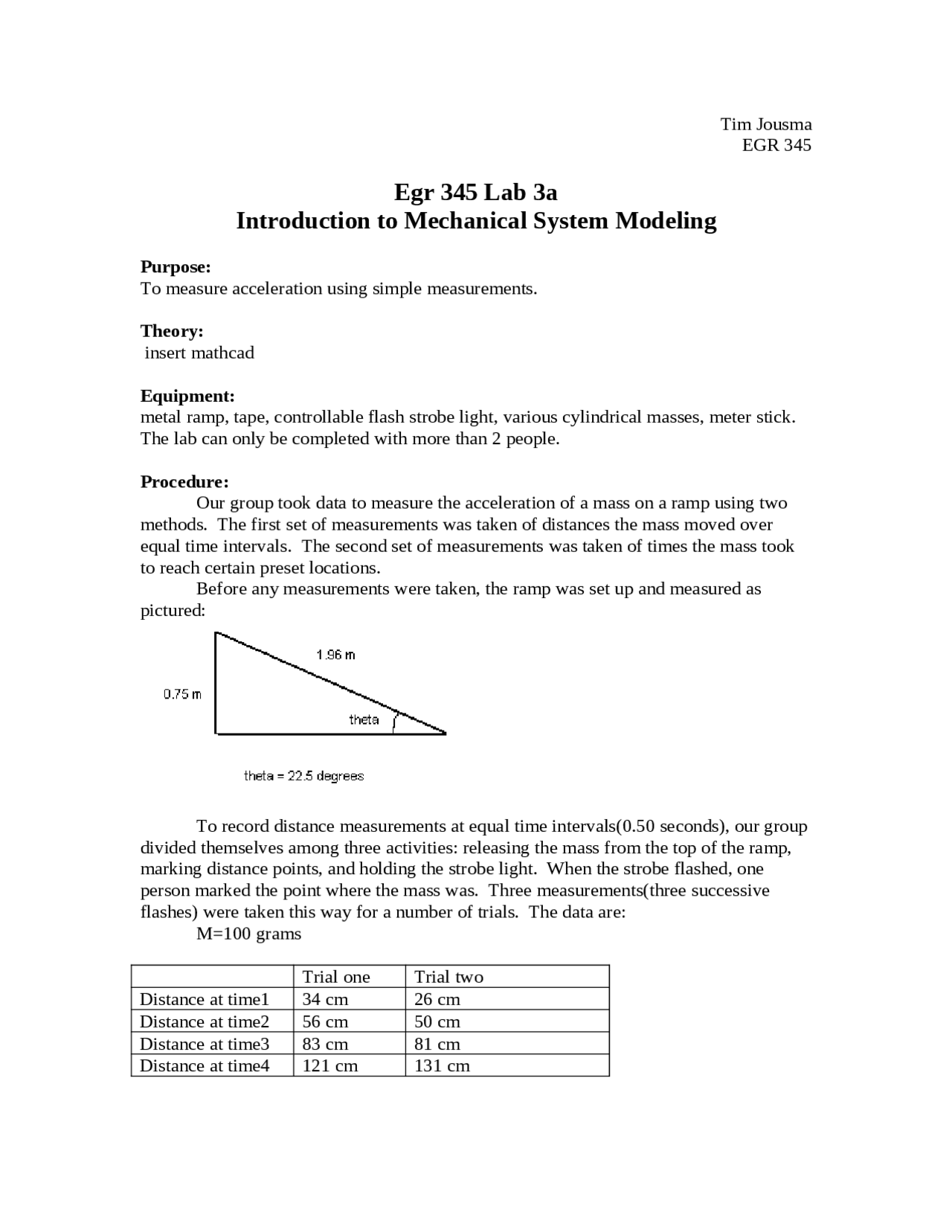 Introduction to Mechanical System Modeling - Lab 3 | EGR 345 - Docsity