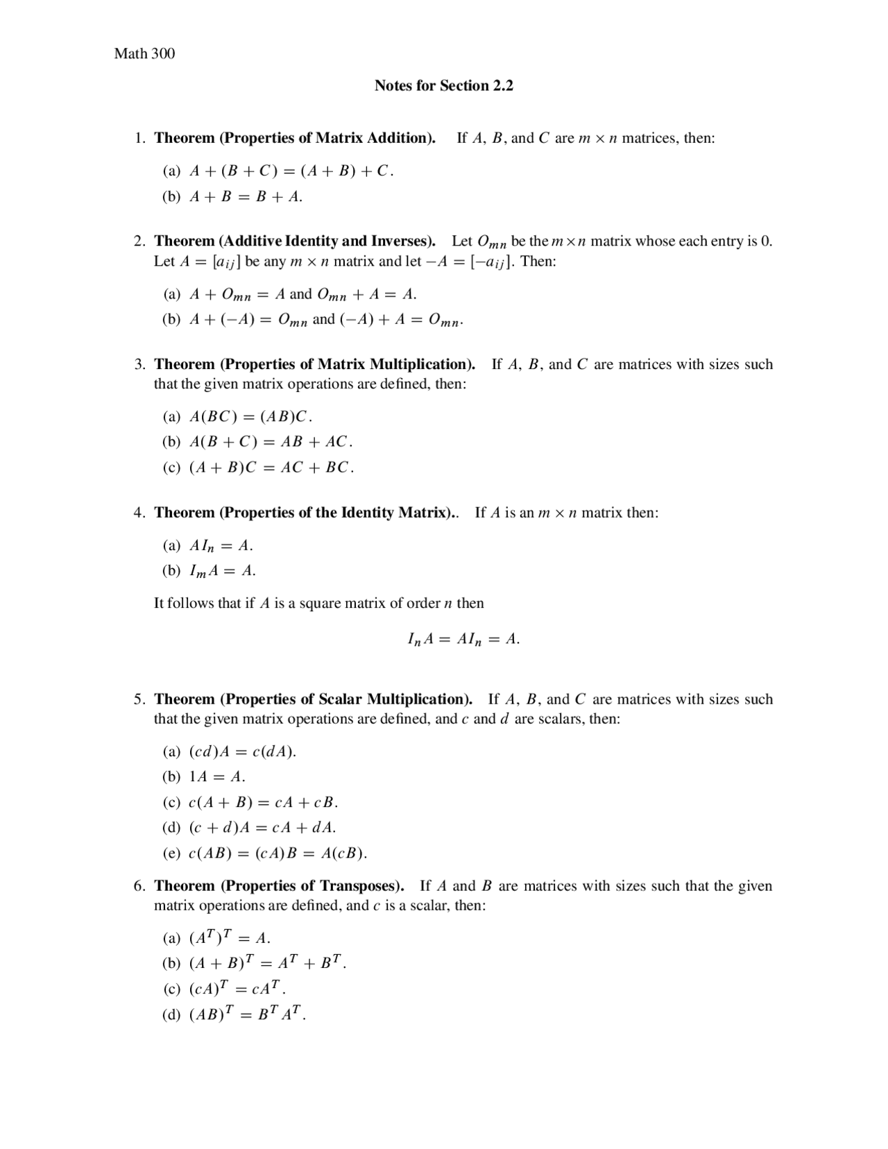 Theorems On Matrix Linear Algebra Math 300 Docsity