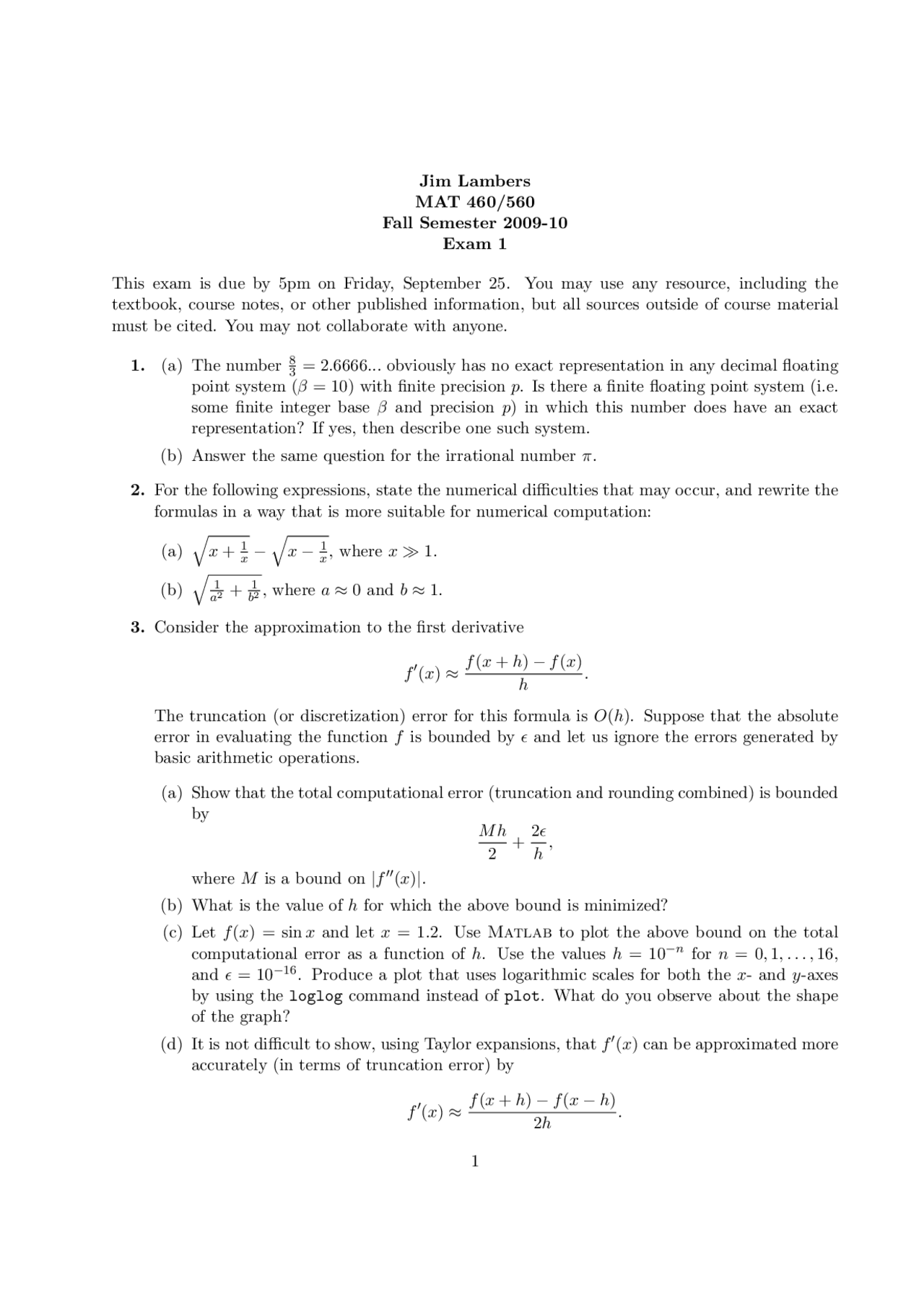 Exam 1 Questions Matlab Program Numerical Analysis I Mat 460 Docsity