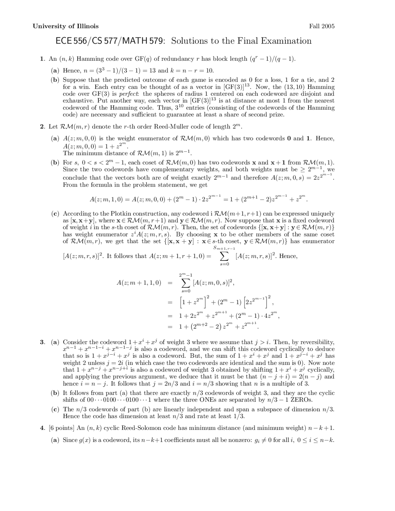 Solution To Final Exam Coding Theory Ece 556 Docsity
