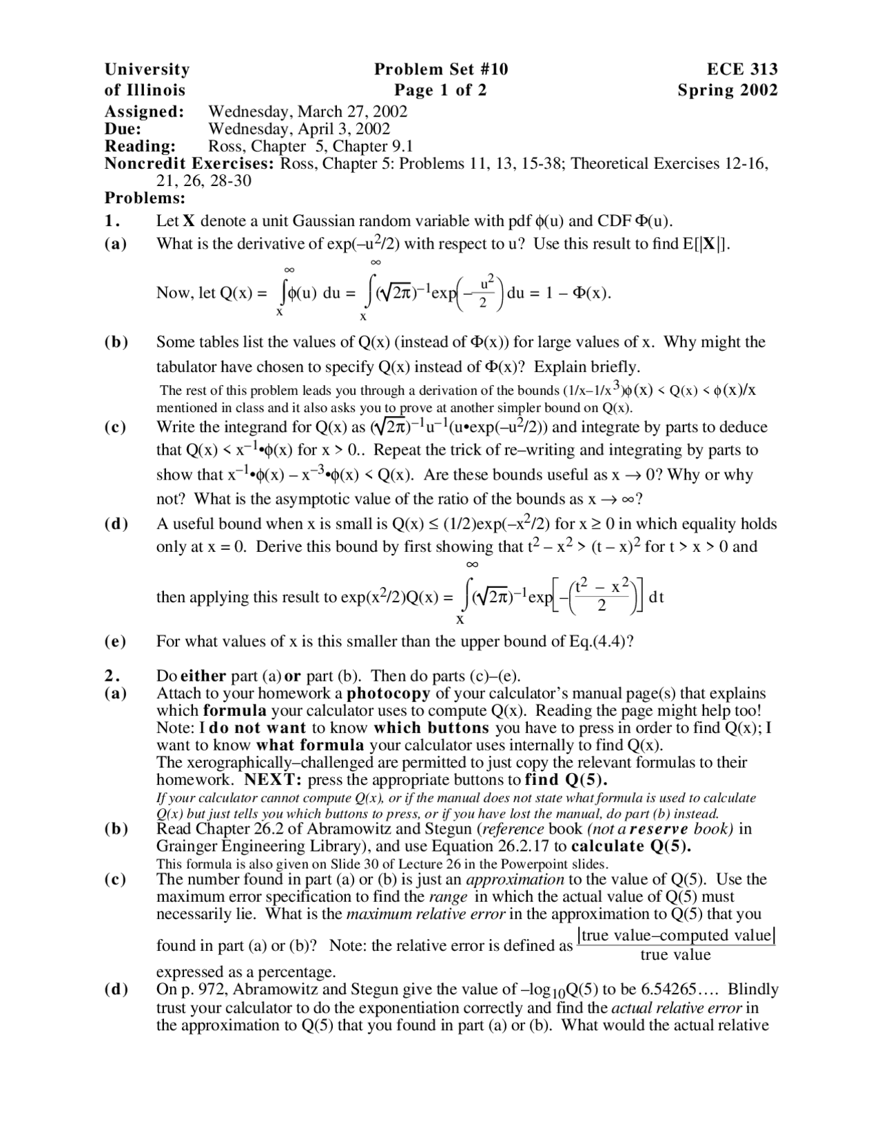 Problem Set 10 Questions - Probability with Engineering Applications ...