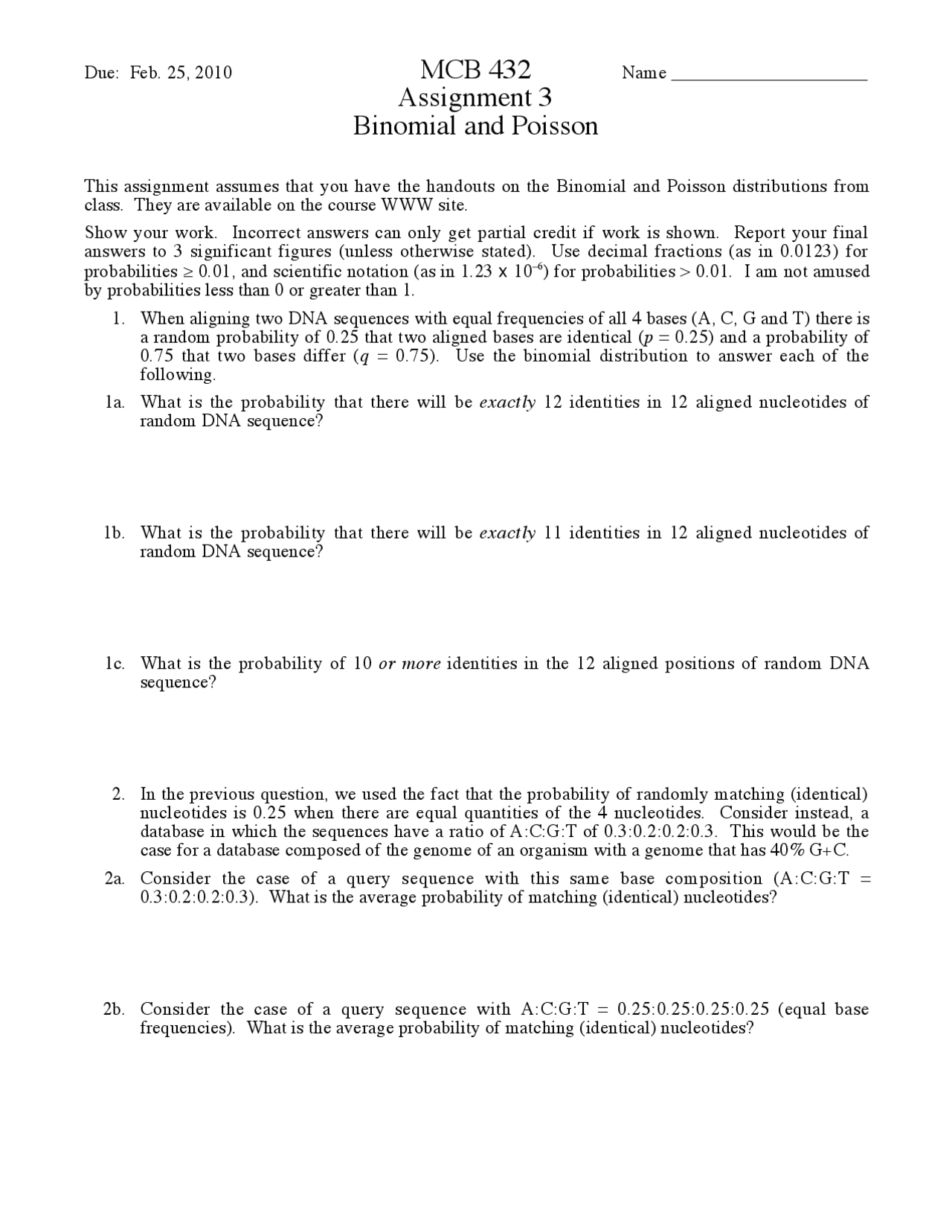 Binomial And Poisson Assignment 3 Mcb 432 Docsity