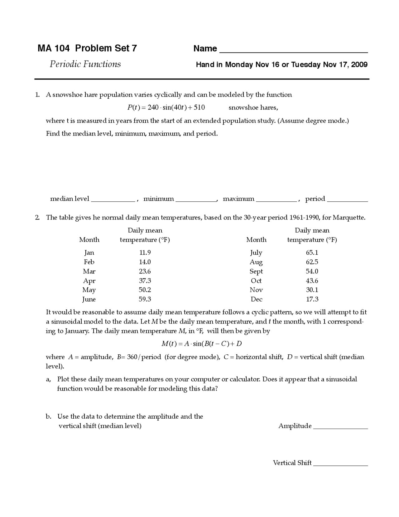 Problem Set Vii Periodic Functions Ma 104 Docsity