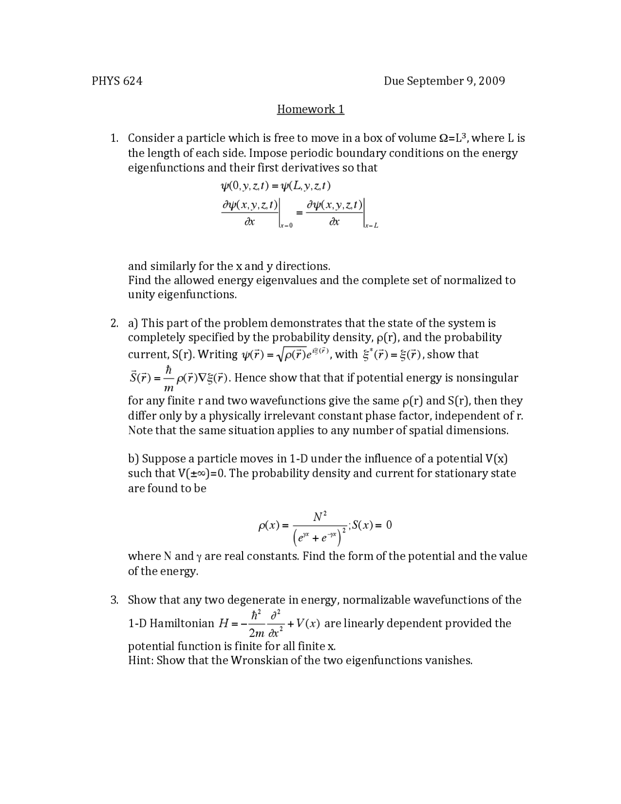 Quantum Mechanics - Assignment Problems | PHYS 624 - Docsity