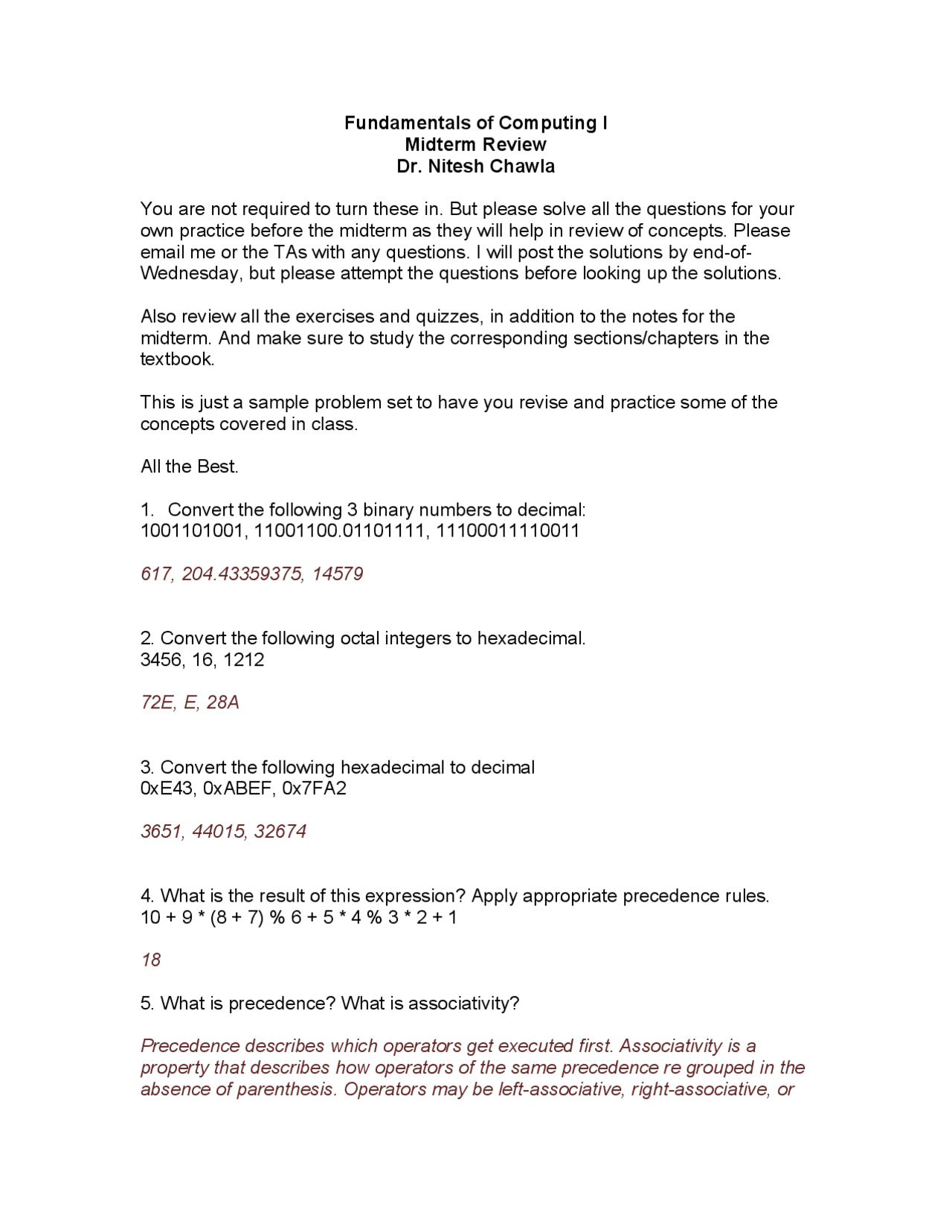 Midterm Review For Fundamentals Of Computing I Cse 20211 Docsity
