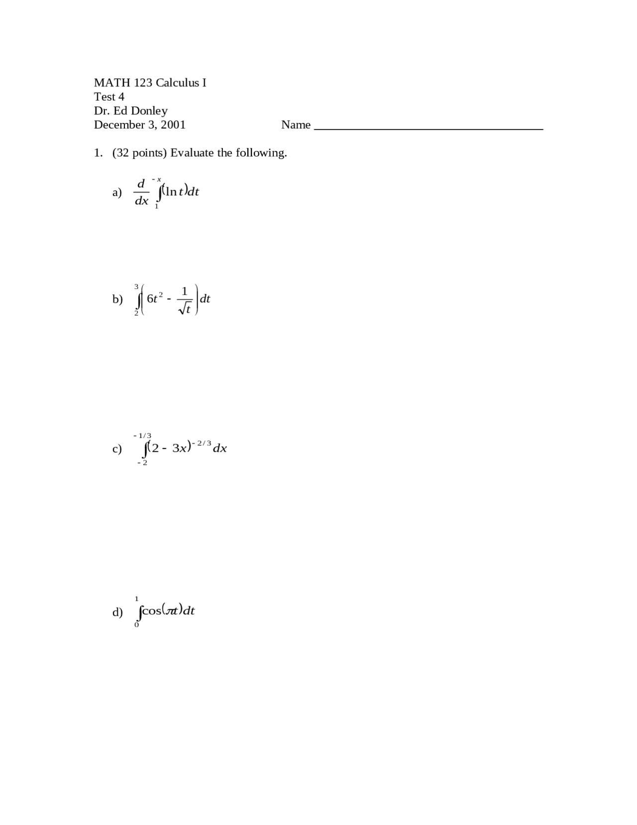Practice Exam 4 - Calculus I - 2001 | MATH 125 - Docsity