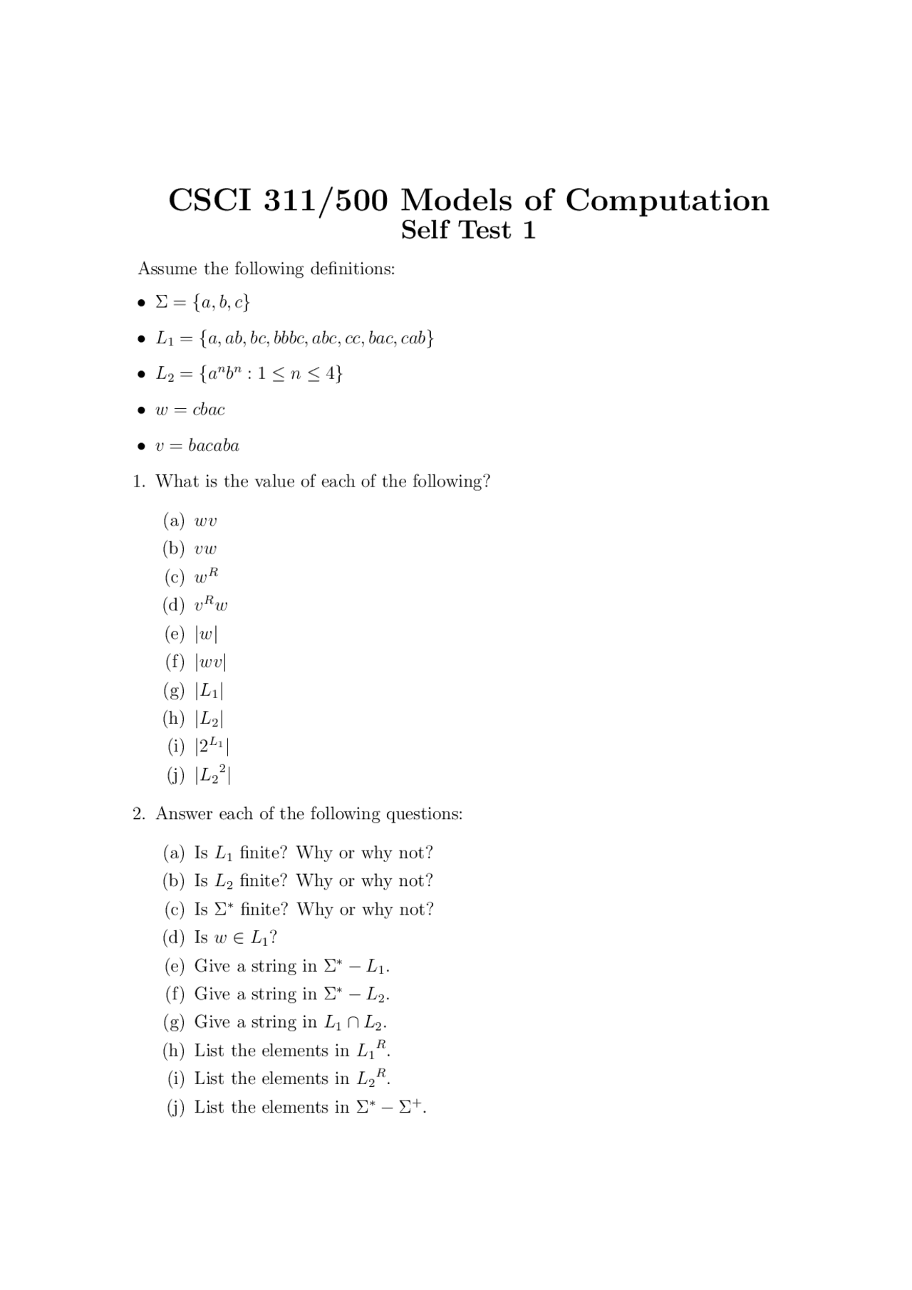 Self Test On Models Of Computation Csci 500 Docsity