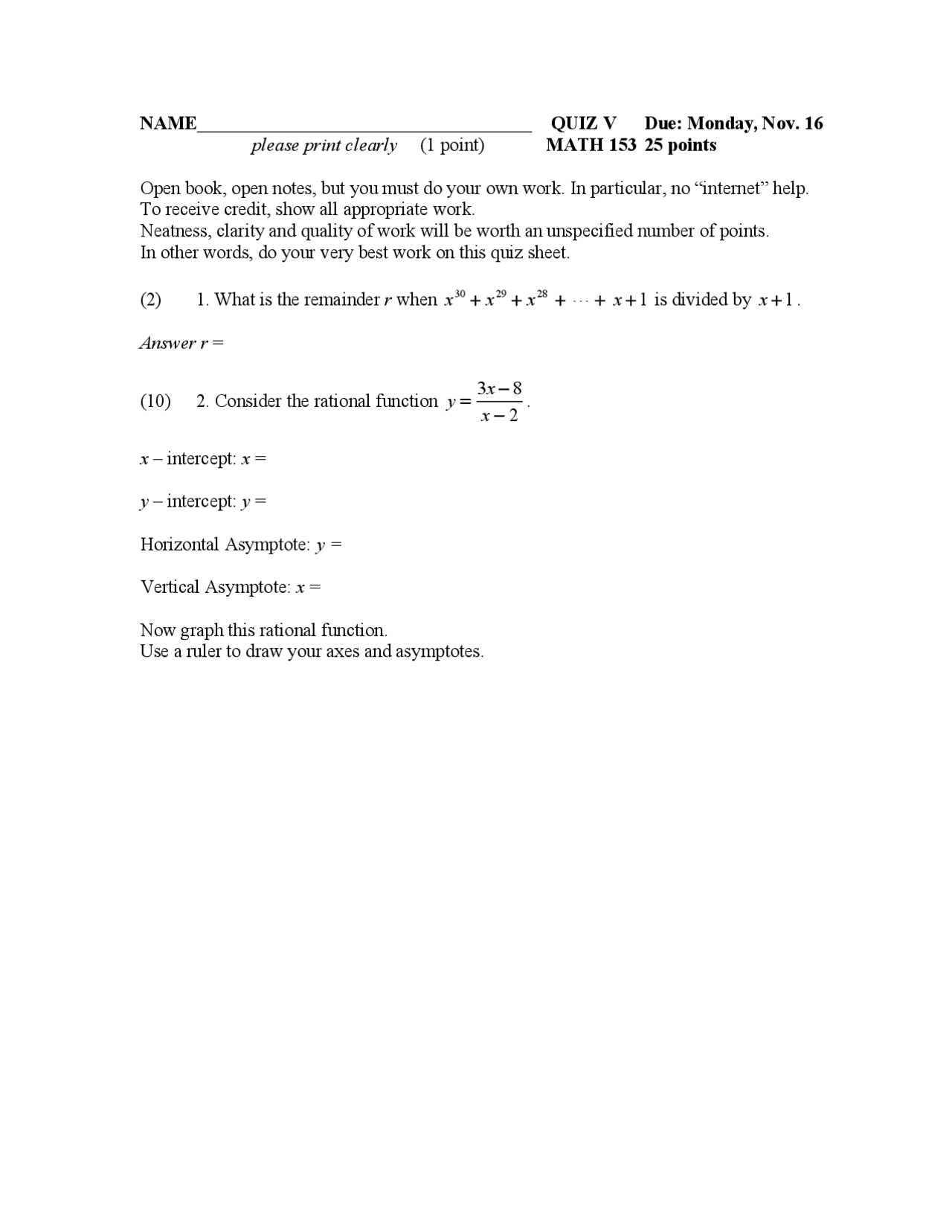 Quiz V in MATH 153: Mathematics Problems | Quizzes Pre-Calculus | Docsity