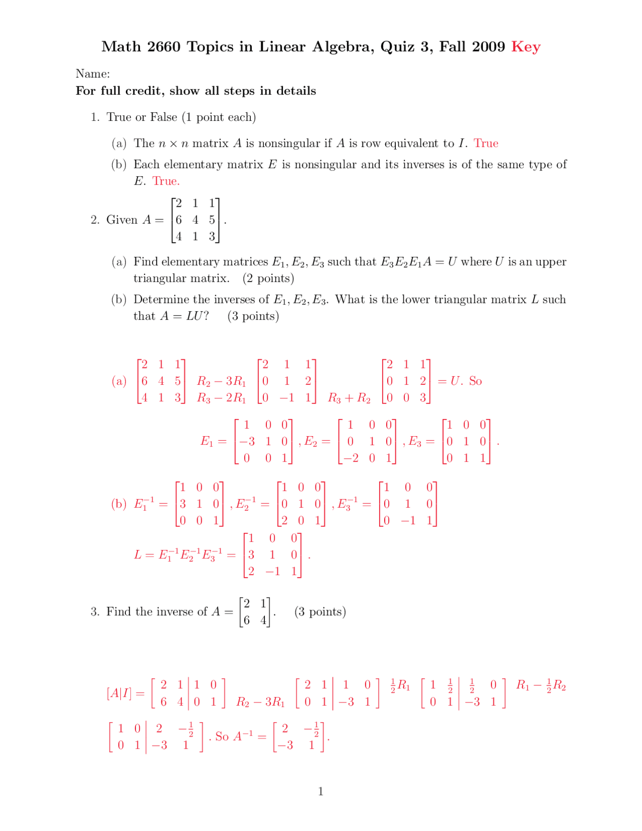 Quiz 3 With Answer Key Topics In Linear Algebra Math 2660 Docsity