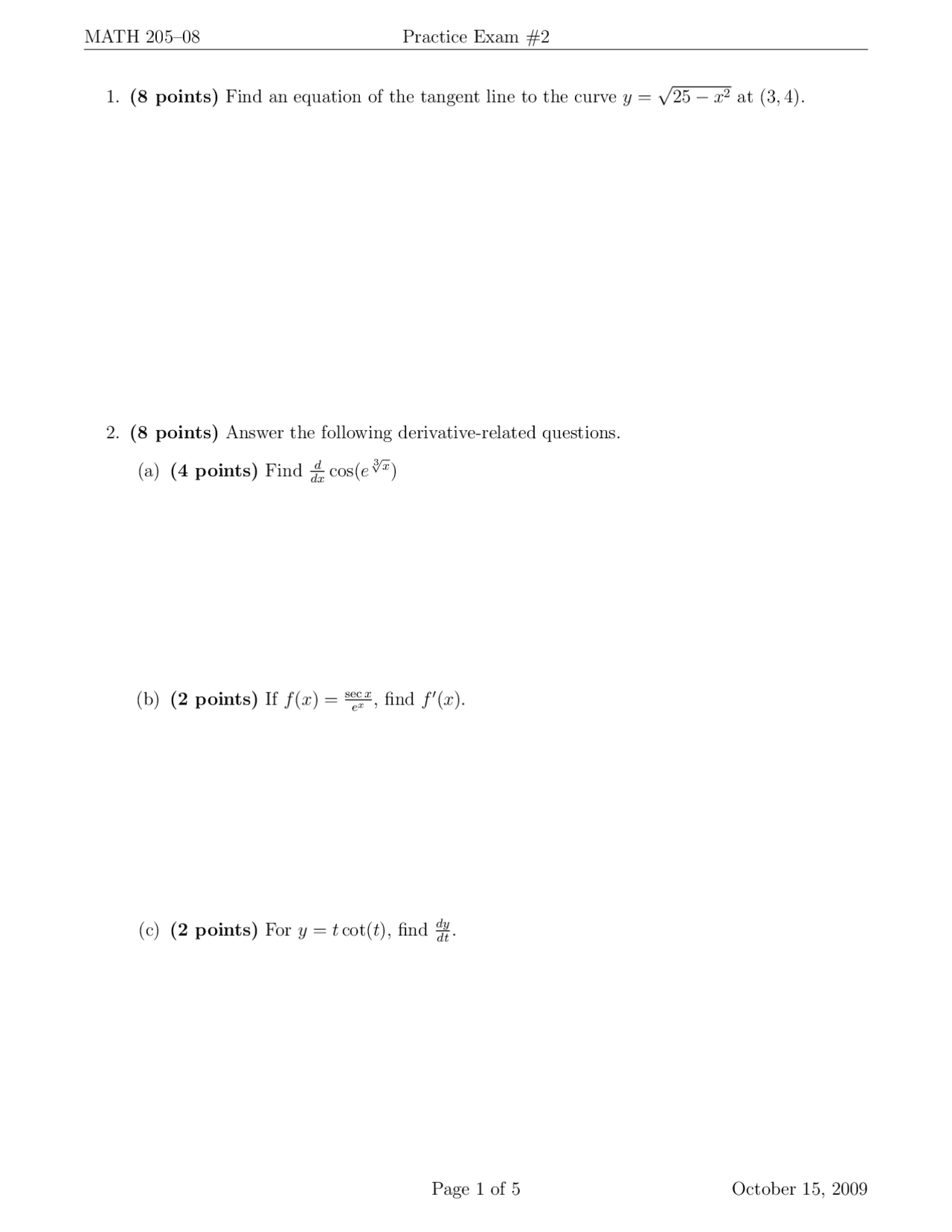Practice Examination 2 For Honors Calculus I Math 205 Docsity