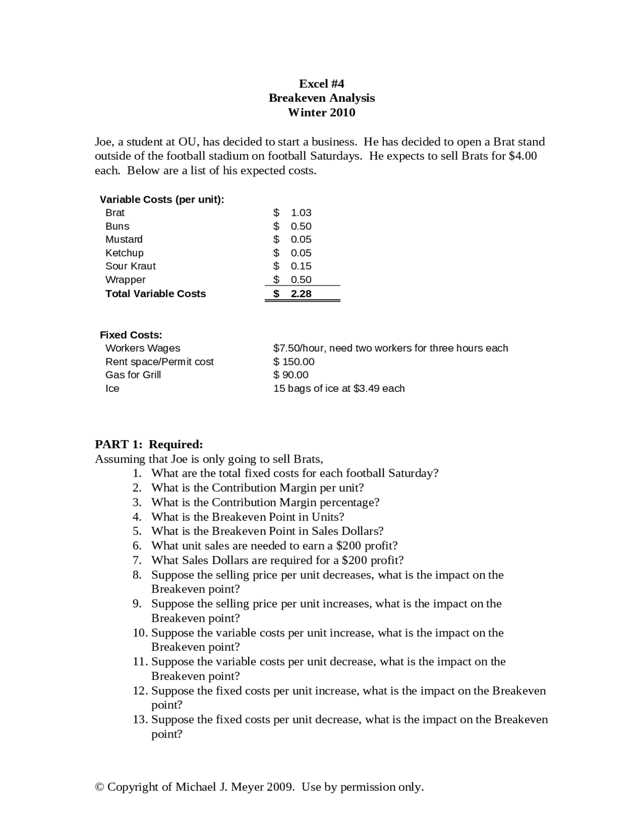 Excel 4 On Managerial Accounting Fall 2010 Acct 102 Docsity