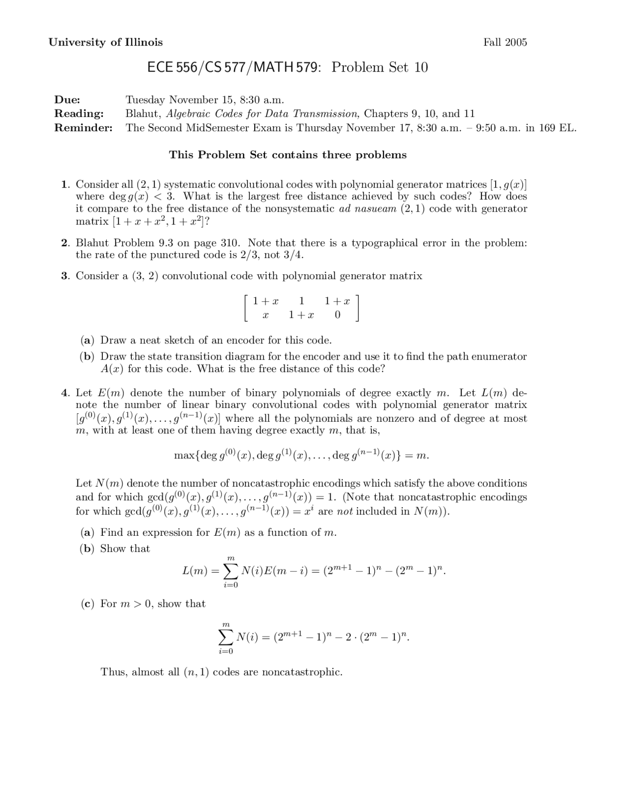 Problem Set 10 Coding Theory Fall 2005 Ece 556 Docsity