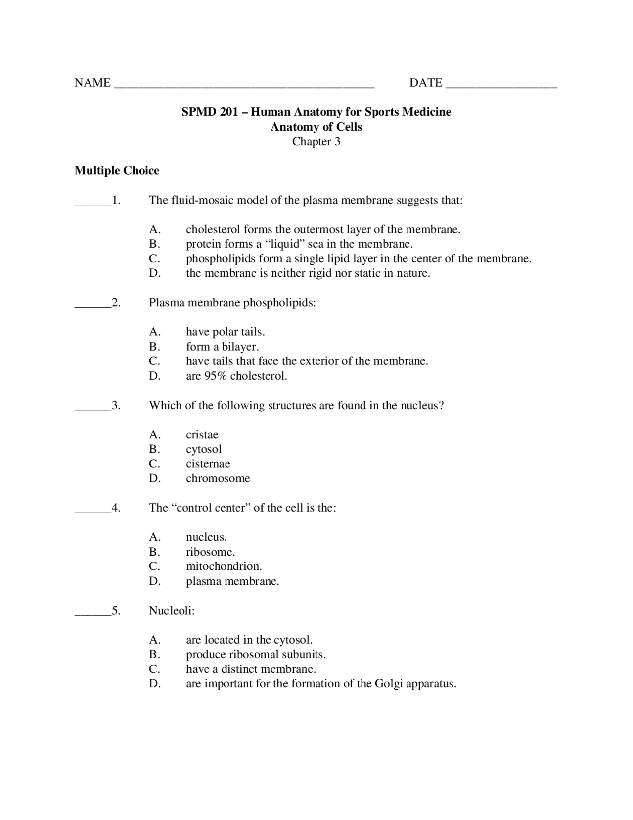 Anatomy Of Cell Multiple Choice Questions And Answers Quiz 3 Spmd